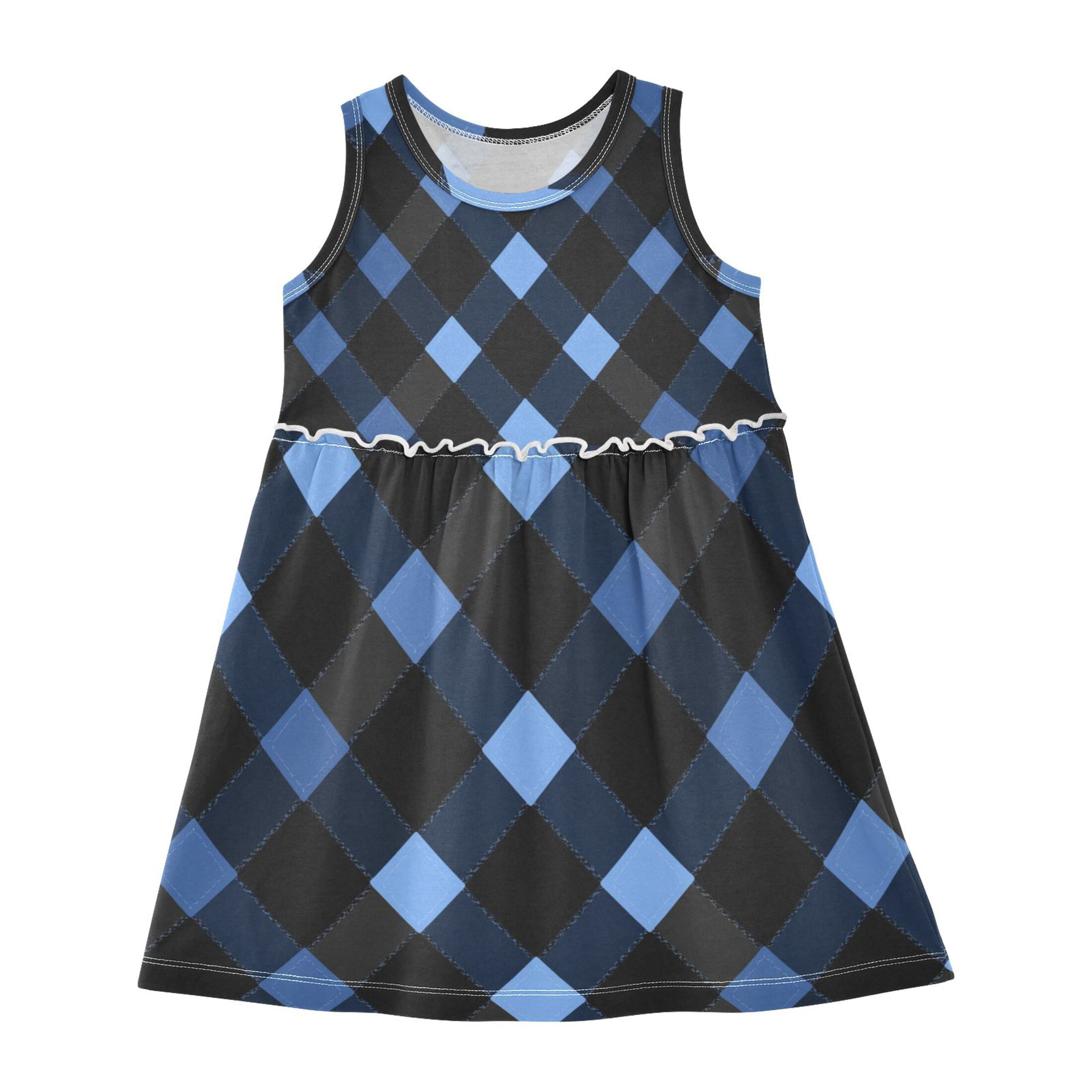 Blue and Blue Rhombus Sleeveless Dress A-Line One-Piece Dress Quick Dry ...