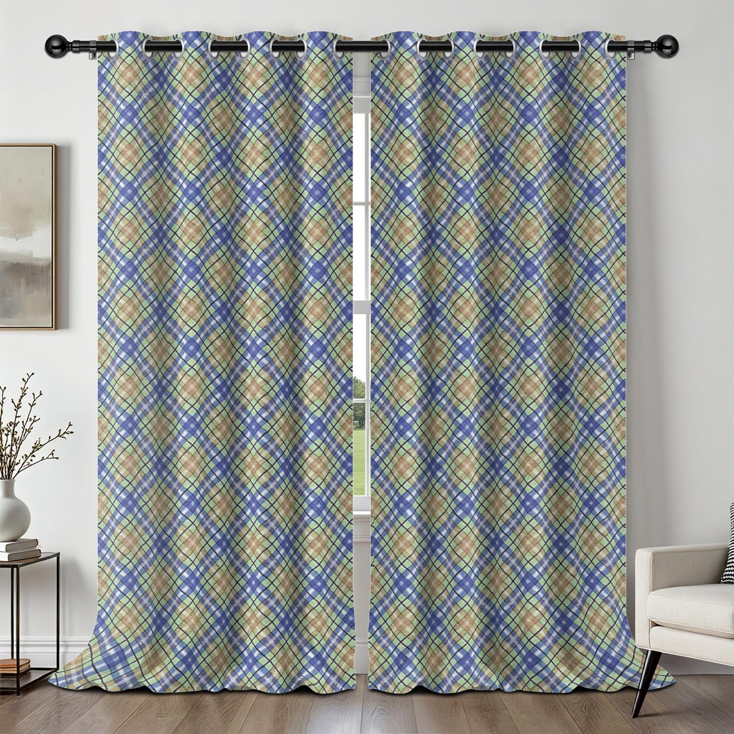 Blue and Brown Checkered Pattern Blackout Curtains,Triple Weaved Fabric ...