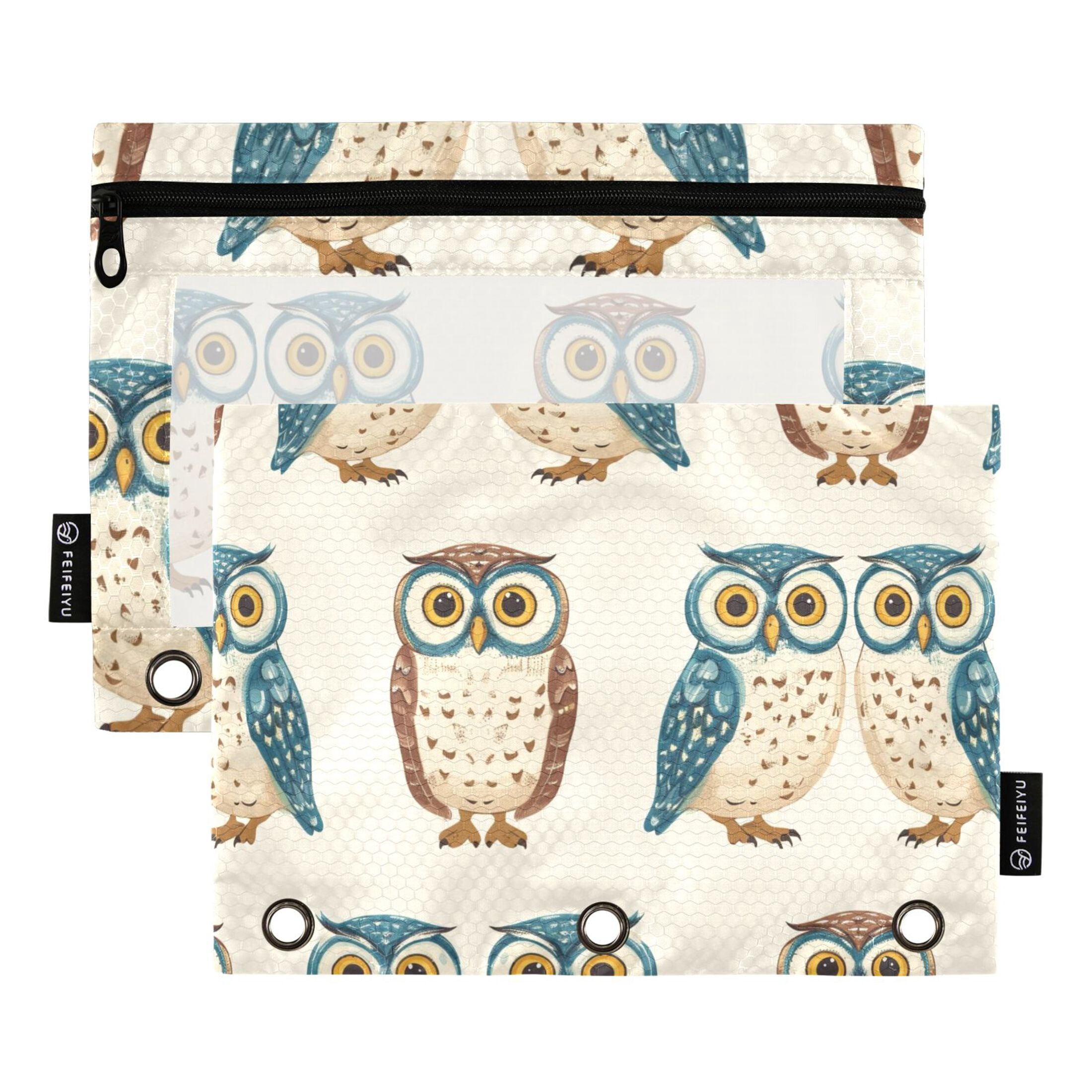 Blue and Brown Owls 2 Pack Pencil Pouch for 3 Ring Binder Smooth Zipper ...