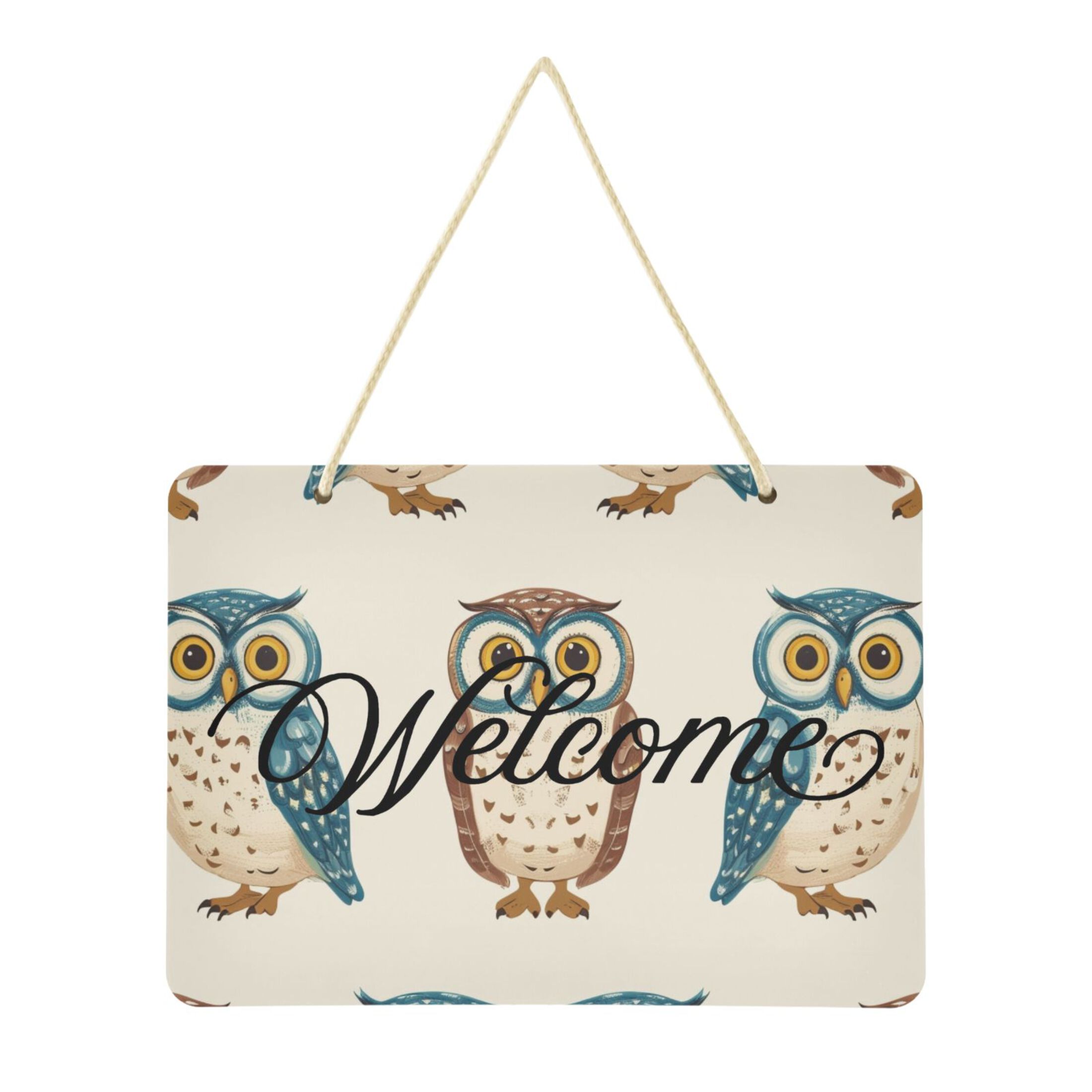 Blue and Brown Owls Welcome Sign Front Door PVC 14x10 inch Hanger Hello ...