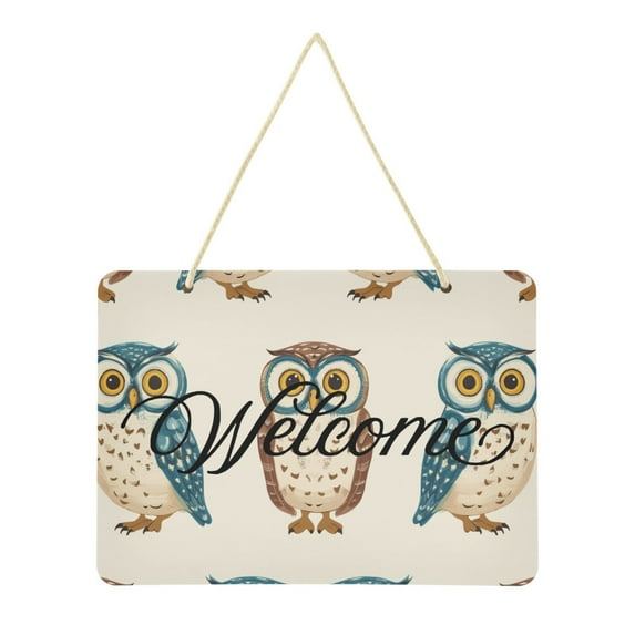 Blue and Brown Owls Welcome Sign Front Door PVC 14x10 inch Hanger Hello ...