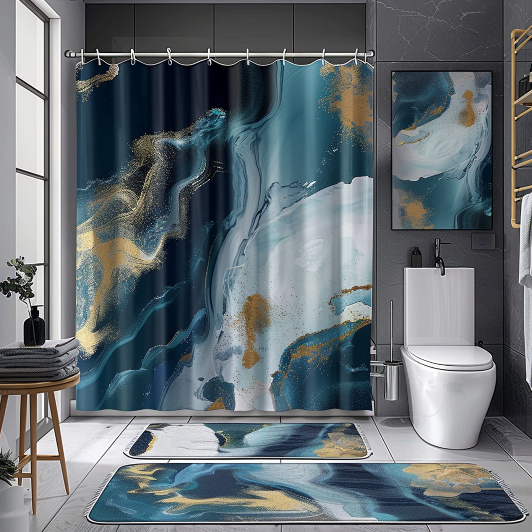 Blue and Gold Abstract Bathroom Set with Dark Grey Wall Background ...