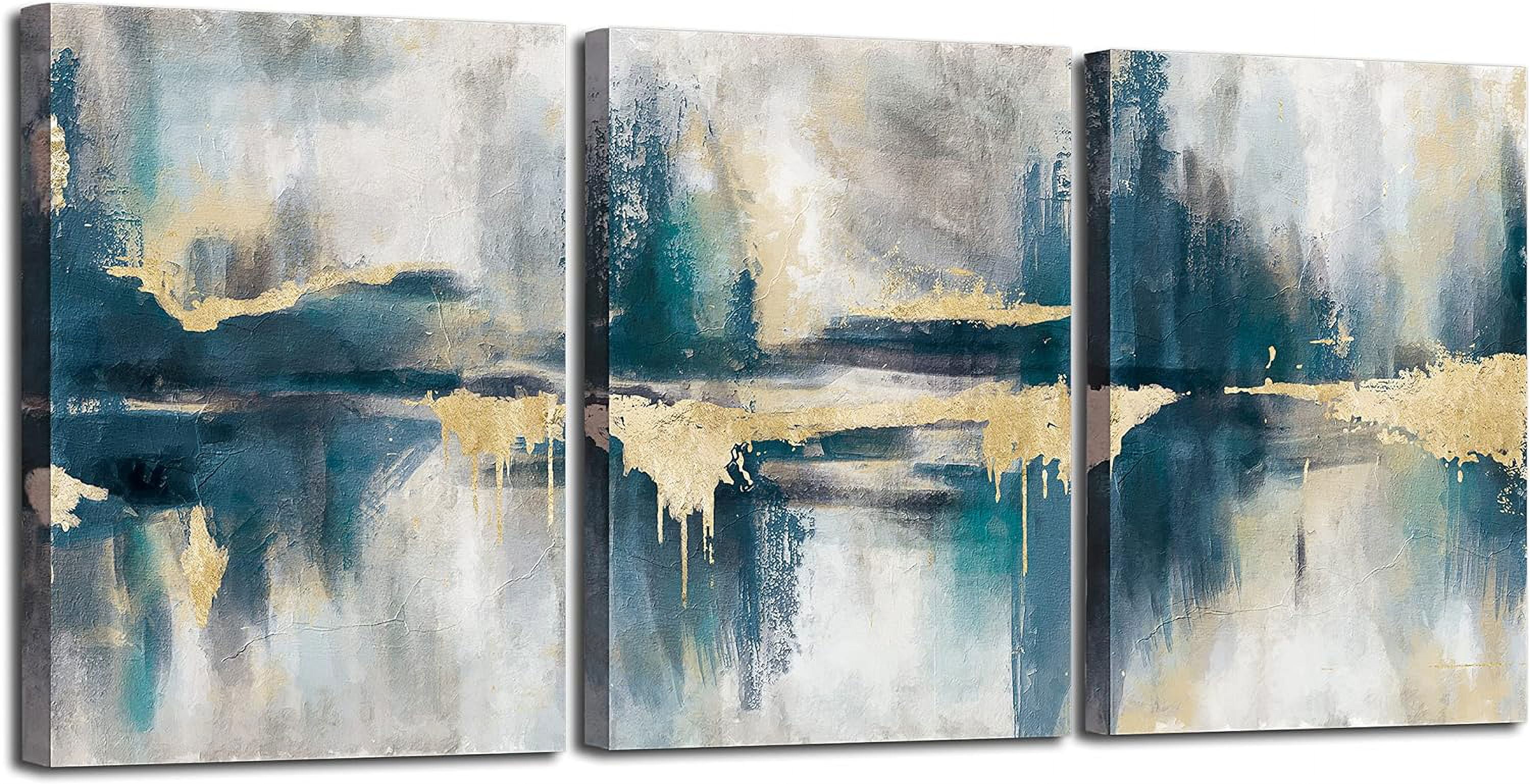 Blue and Gold Abstract Canvas Wall Art, 3 Panels Modern Blue Wall Art ...