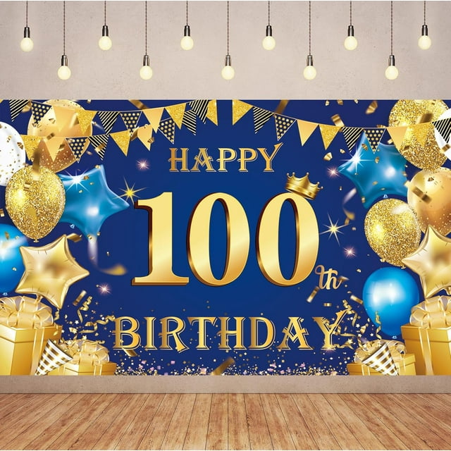 Blue and Gold Birthday Banner Party Decorations,Blue Gold Happy 100th Birthday Backdrop ...