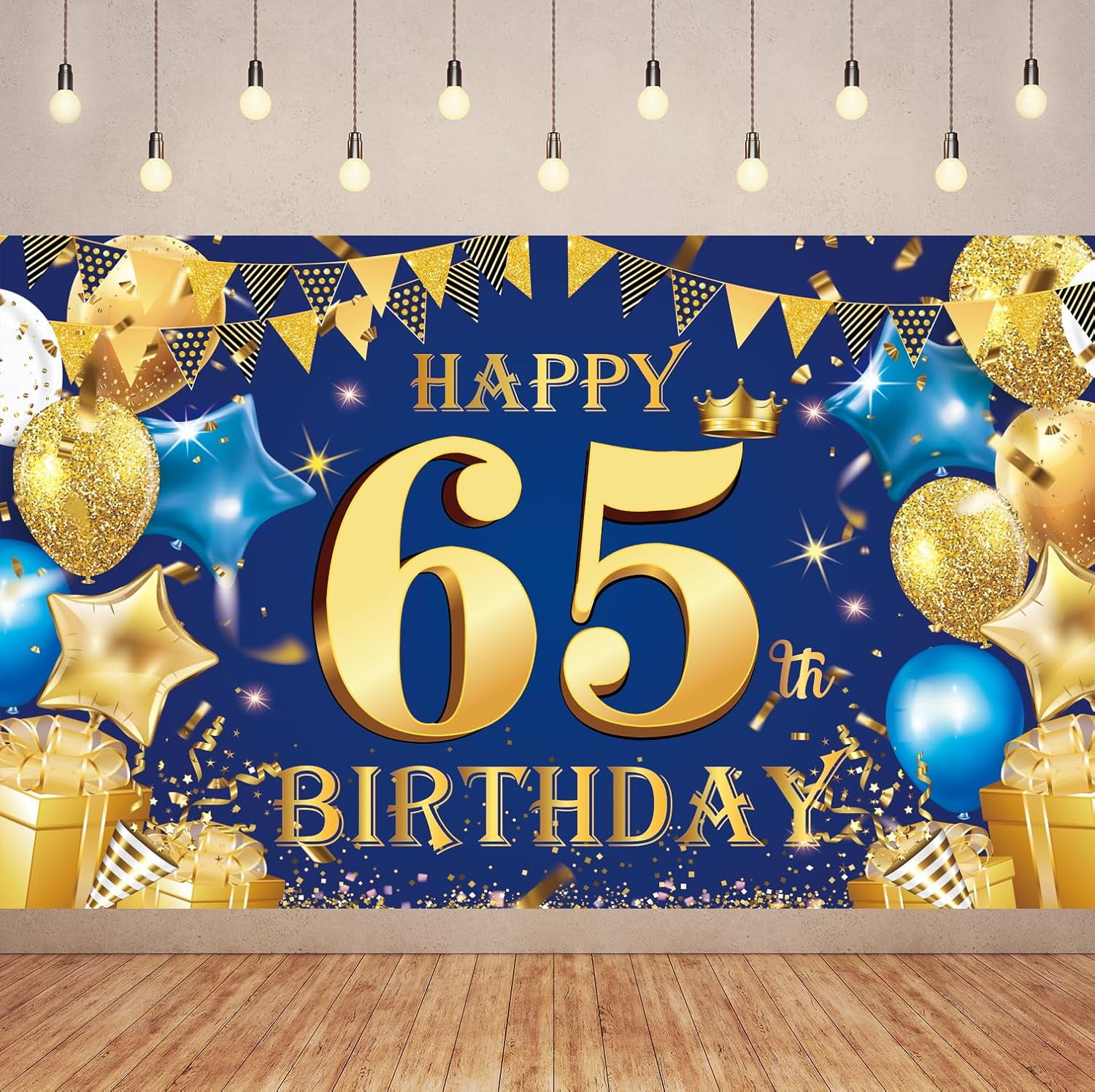 Blue and Gold Birthday Banner Party Decorations,Blue Gold Happy 65th ...