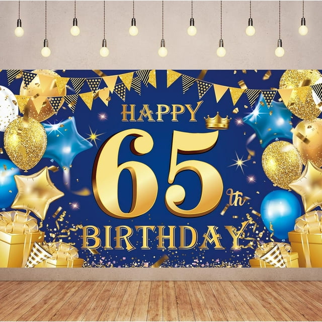 Blue and Gold Birthday Banner Party Decorations,Blue Gold Happy 65th ...