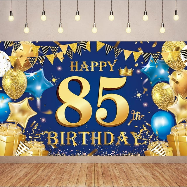 Blue and Gold Birthday Banner Party Decorations,Blue Gold Happy 85th Birthday Backdrop ...
