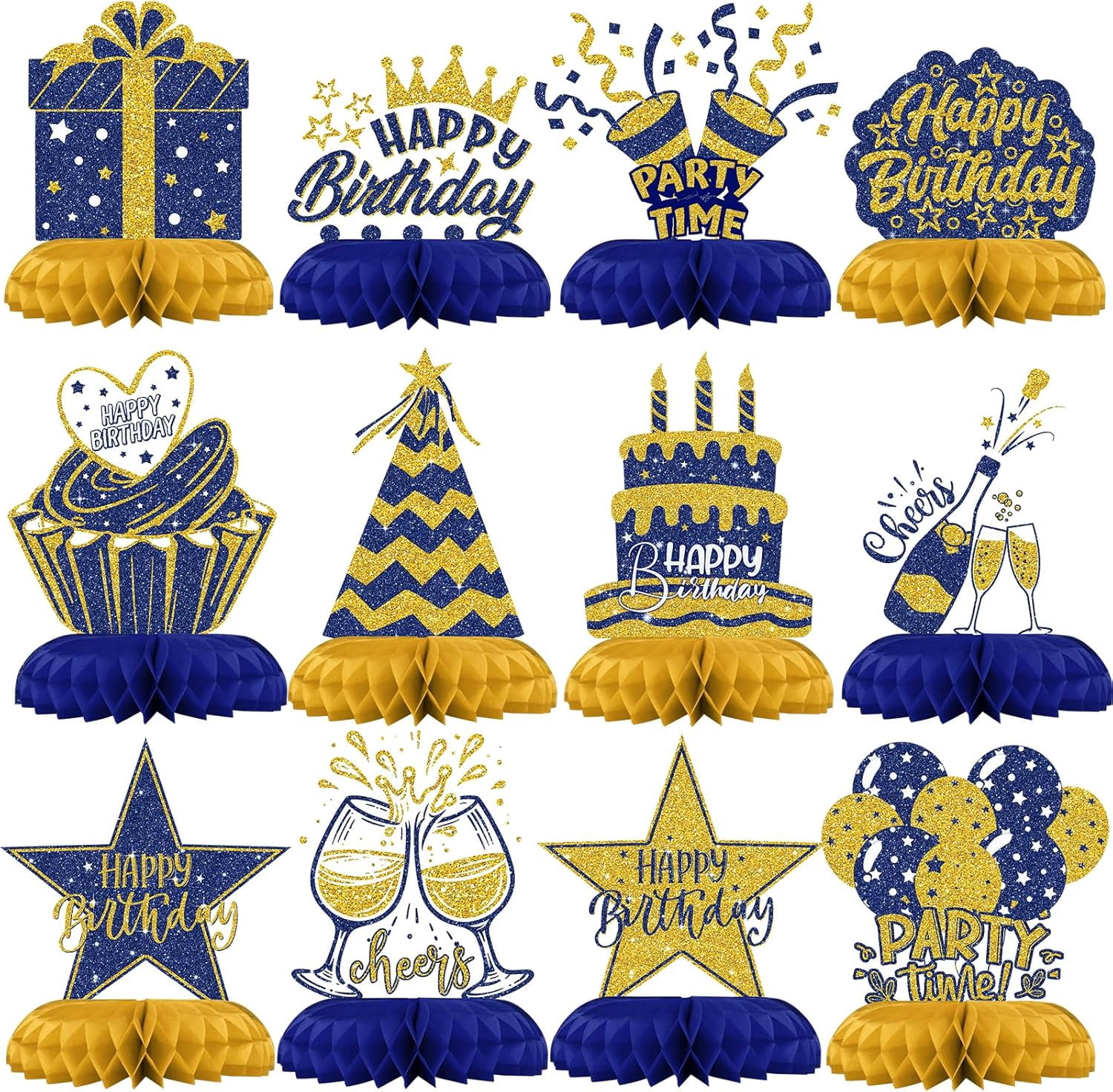 Blue and Gold Birthday Decorations – 12Pcs Honeycomb Table Centerpieces ...