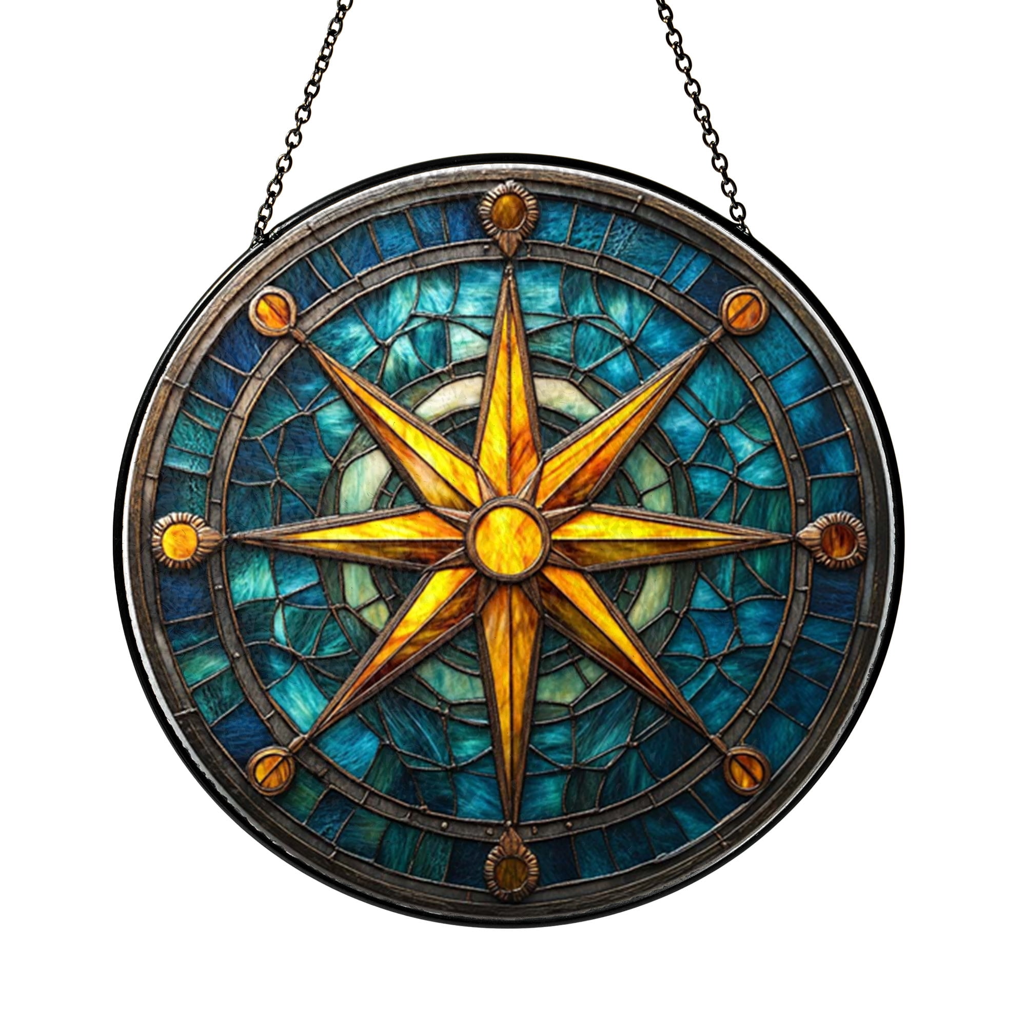 Blue and Gold Compass Design Stained Glass Style Suncatcher for Window ...