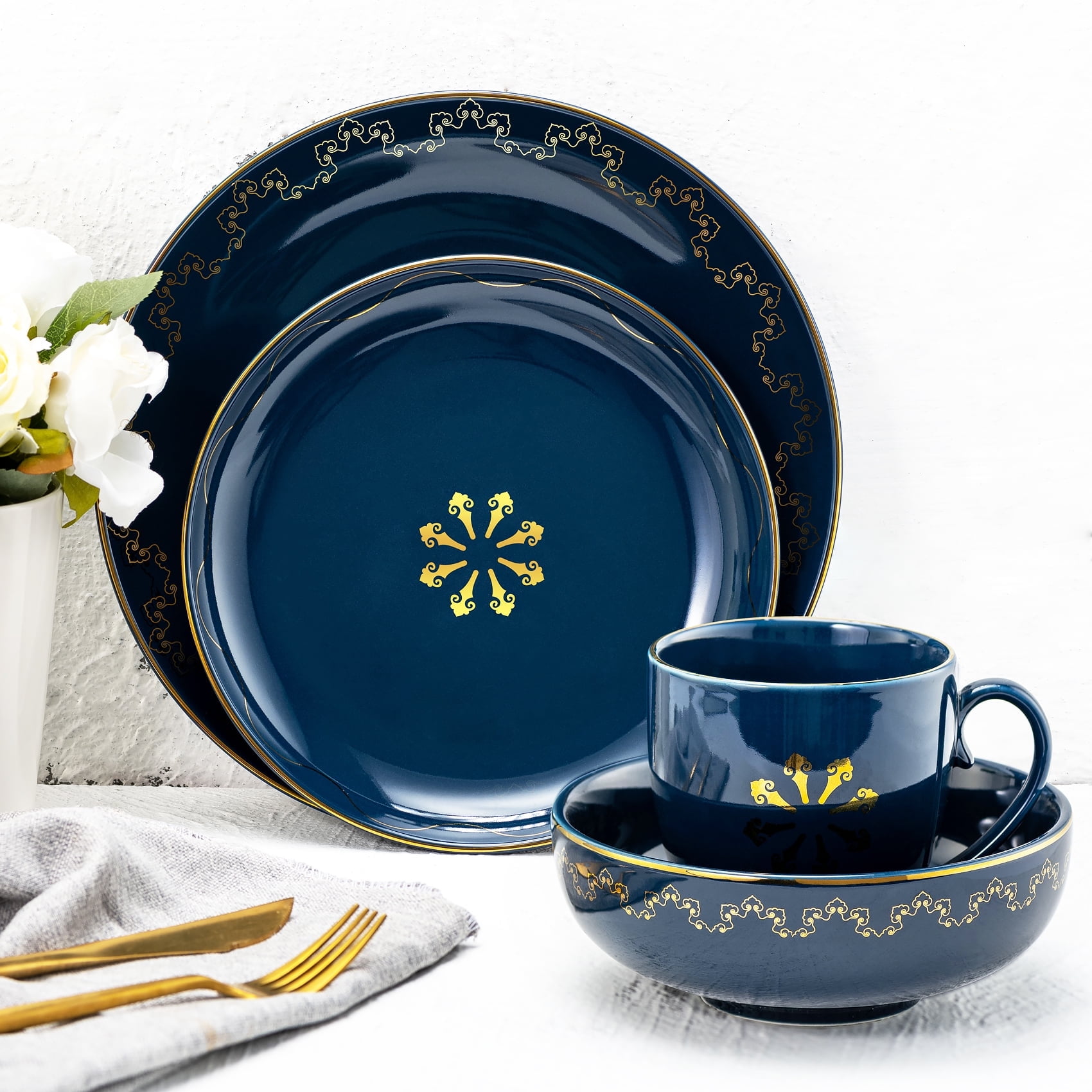 Blue and Gold Dinnerware Set,High Class Porcelain Dinnerware Full ...