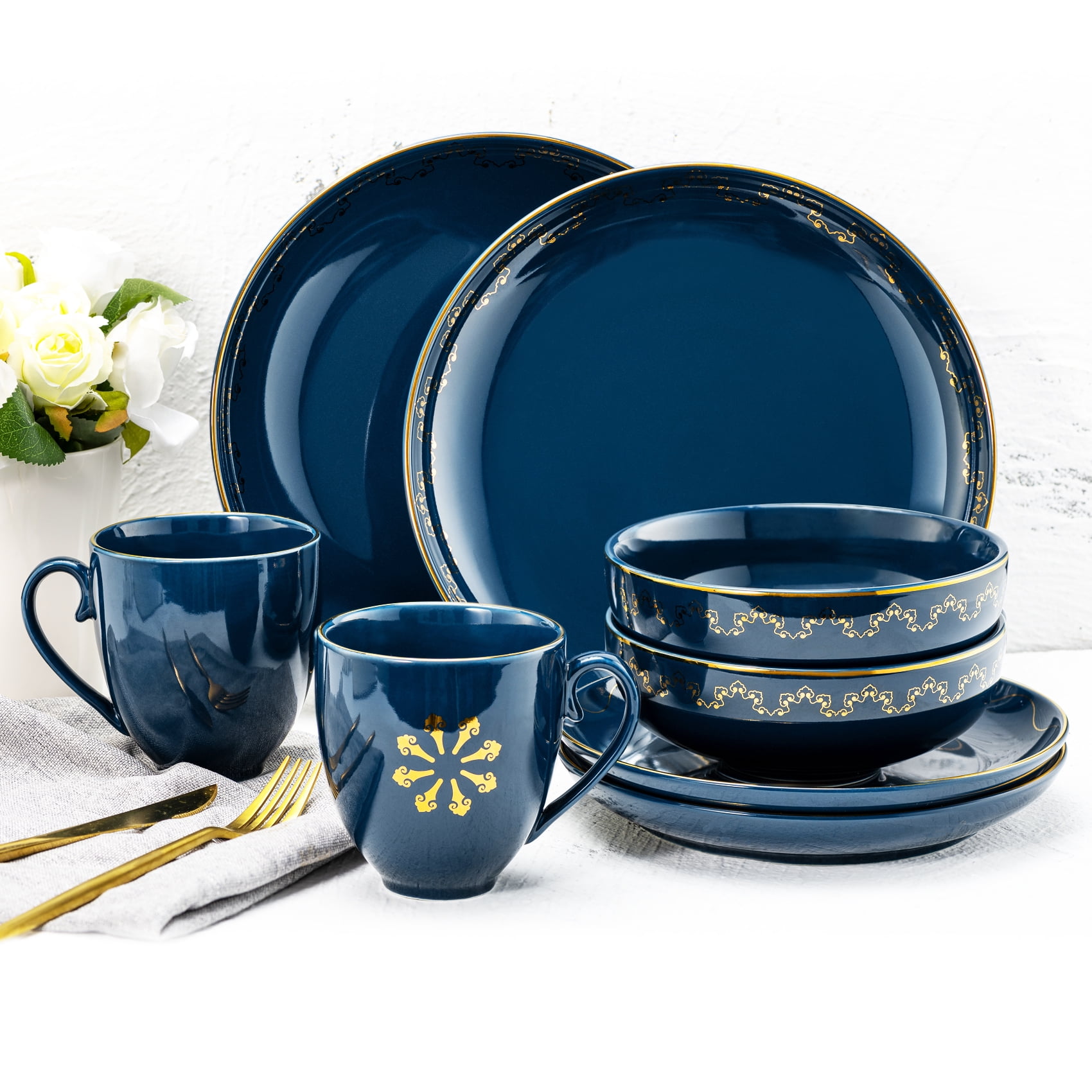 Blue and Gold Dinnerware Set,High Class Porcelain Dinnerware Full Service Set,Gold Banded ...