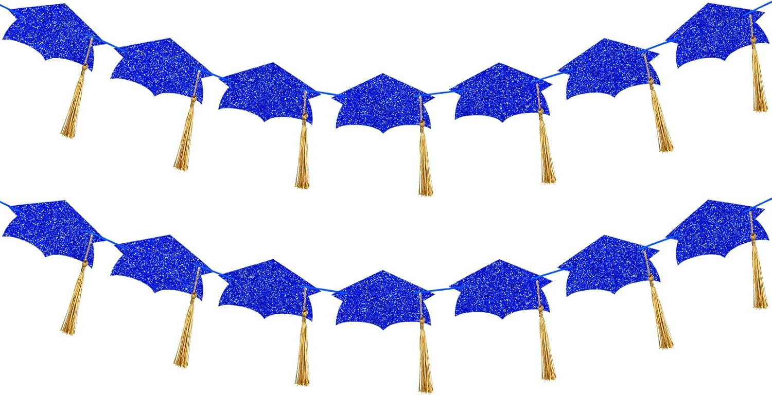 Blue and Gold Glitter Graduation Cap Garland Banner with Tassel 2025 ...