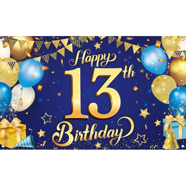Blue and Gold Happy 13th Birthday Banner, Blue and Gold 13th Birthday ...