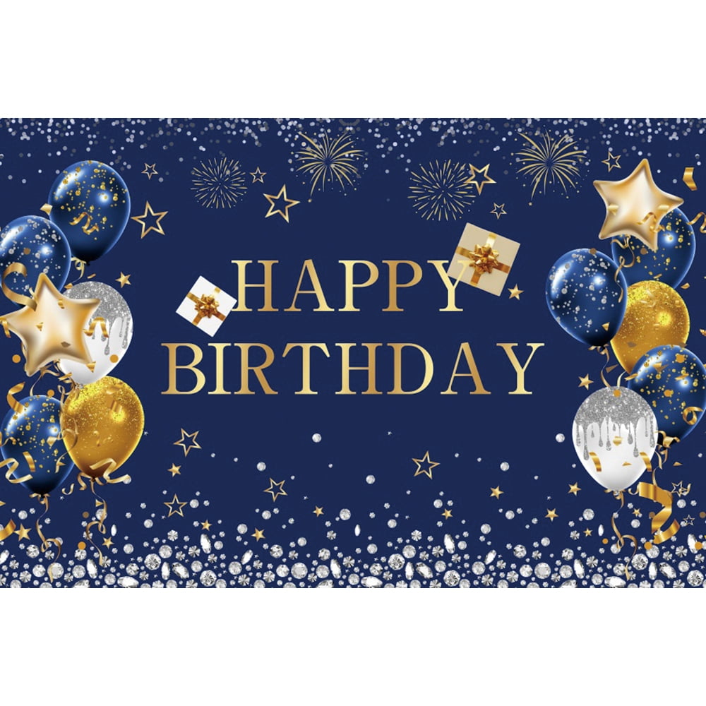 Blue and Gold Happy Birthday Backdrop Golden Balloons Photography ...