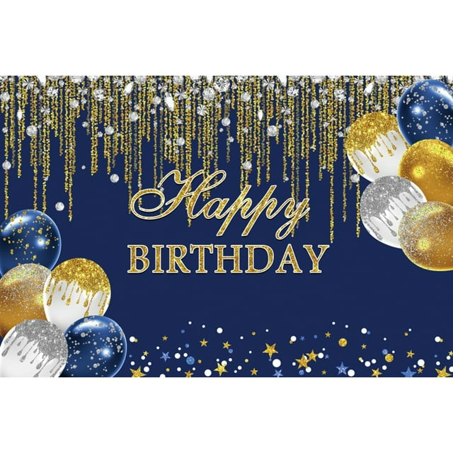 Blue and Gold Happy Birthday Backdrop Golden Balloons Photography Background Party ration Cake ...