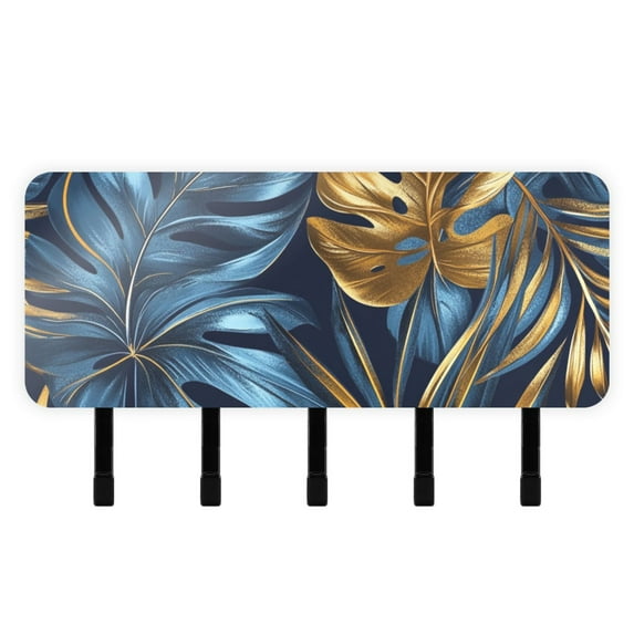 Blue and Gold Leaves Key Holder for Wall Mail Holder Organizer with 5 ...