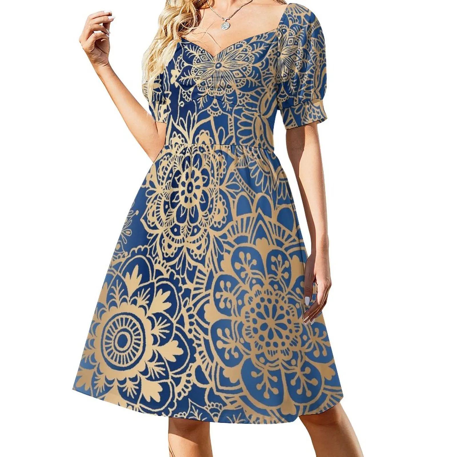 Blue and Gold Mandala Pattern Sleeveless Dress dress summer 2024 women ...