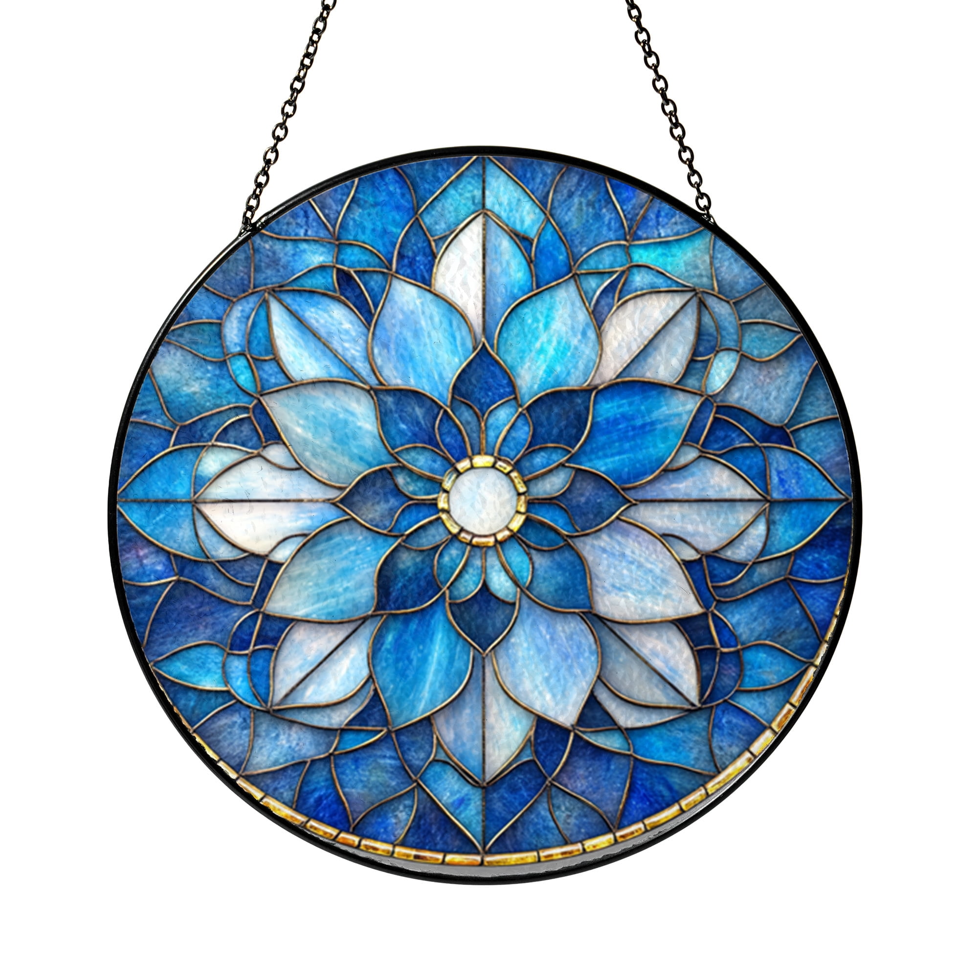Blue and Gold Mandala Stained Glass Suncatcher – Elegant Floral ...