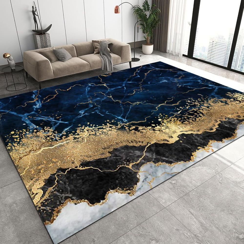 Blue and Gold Marble Area Rugs, Ink Marble 3D Printed Non Slip Indoor ...