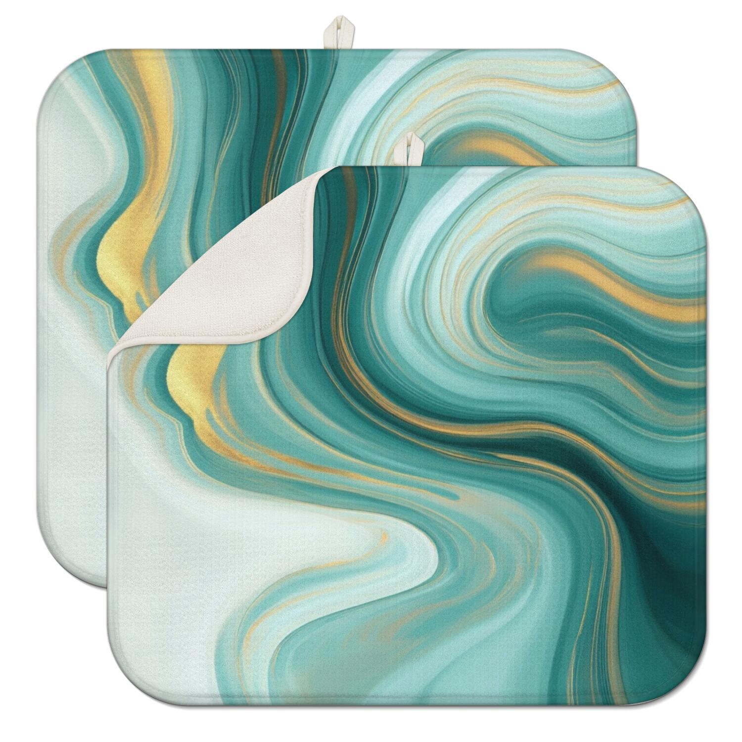 Blue and Gold Marble Flow Veins Pattern Dish Drying Mat for Kitchen 1 ...