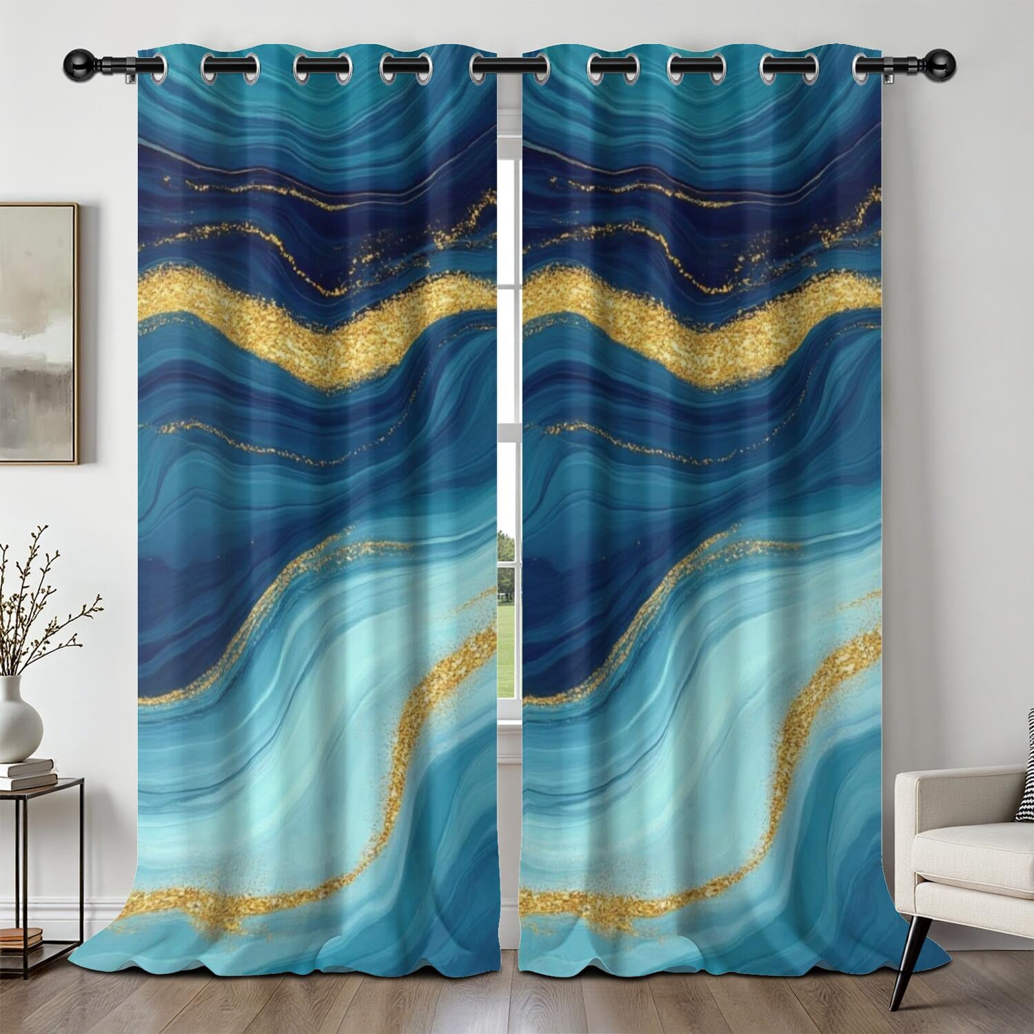 Blue and Gold Marble Pattern Blackout Curtains,Triple Weaved Fabric ...