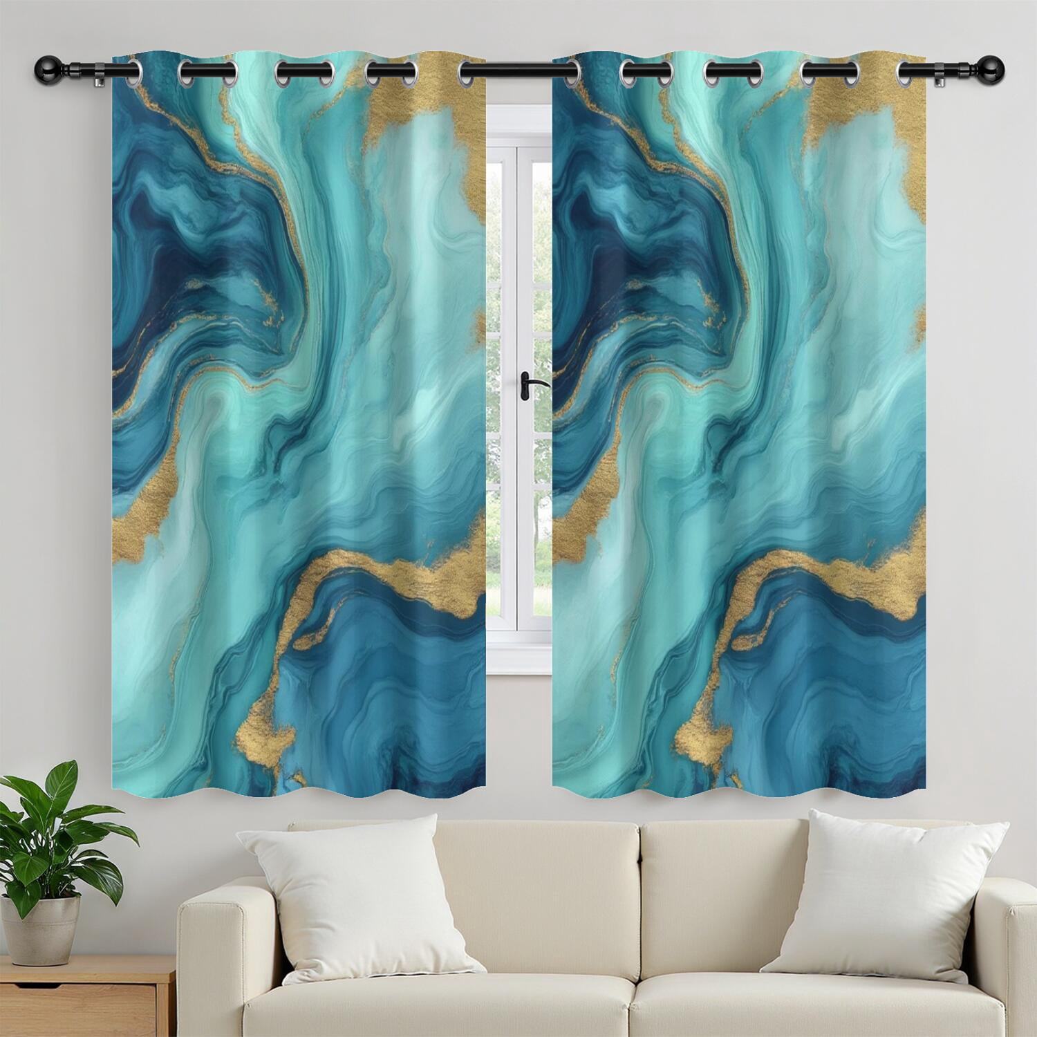 Blue and Gold Marble Pattern Blackout Curtains,Triple Weaved Fabric ...