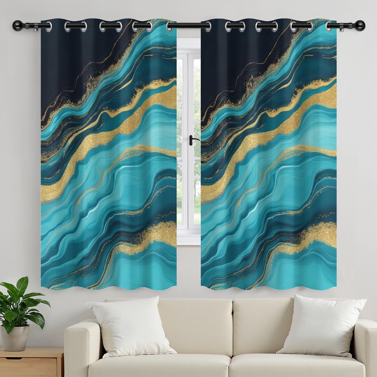 Blue and Gold Marble Pattern Blackout Curtains,Triple Weaved Fabric ...