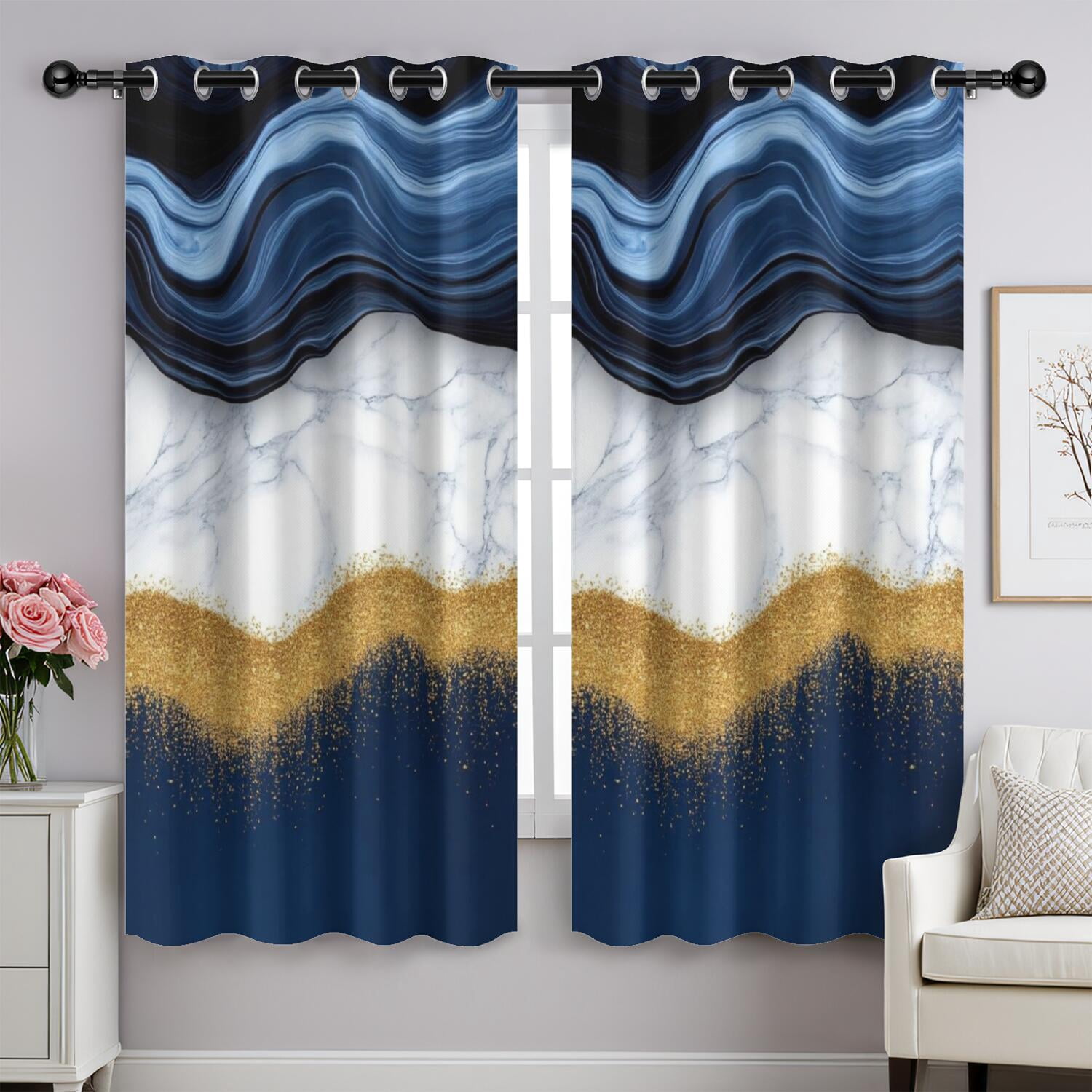 Blue and Gold Marble Pattern Blackout Curtains,Triple Weaved Fabric ...