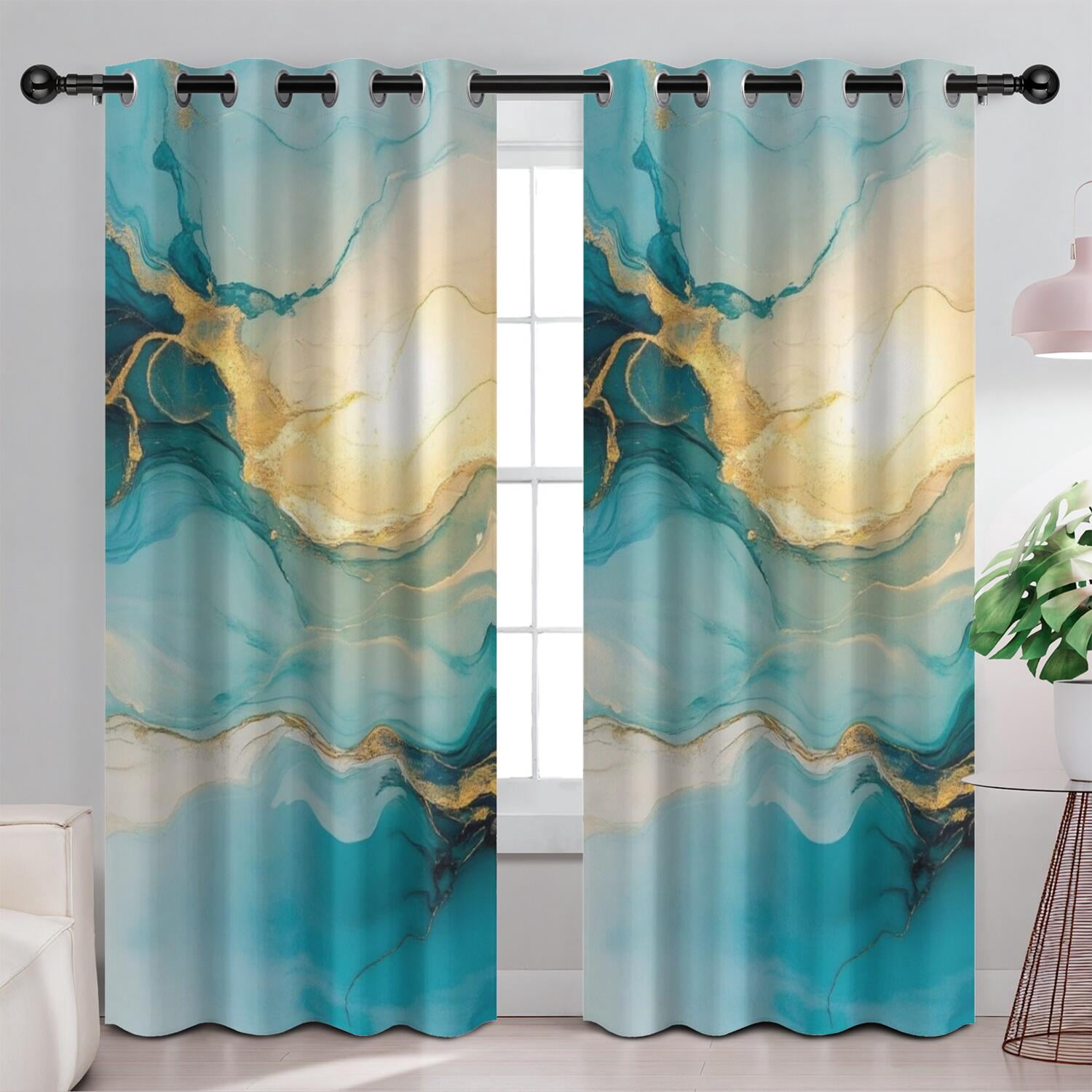 Blue and Gold Marble Pattern Blackout Curtains,Triple Weaved Fabric ...