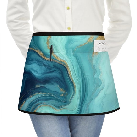 Blue and Gold Marble Pattern Server Half Apron with Pockets,22.8 X 11.8 ...