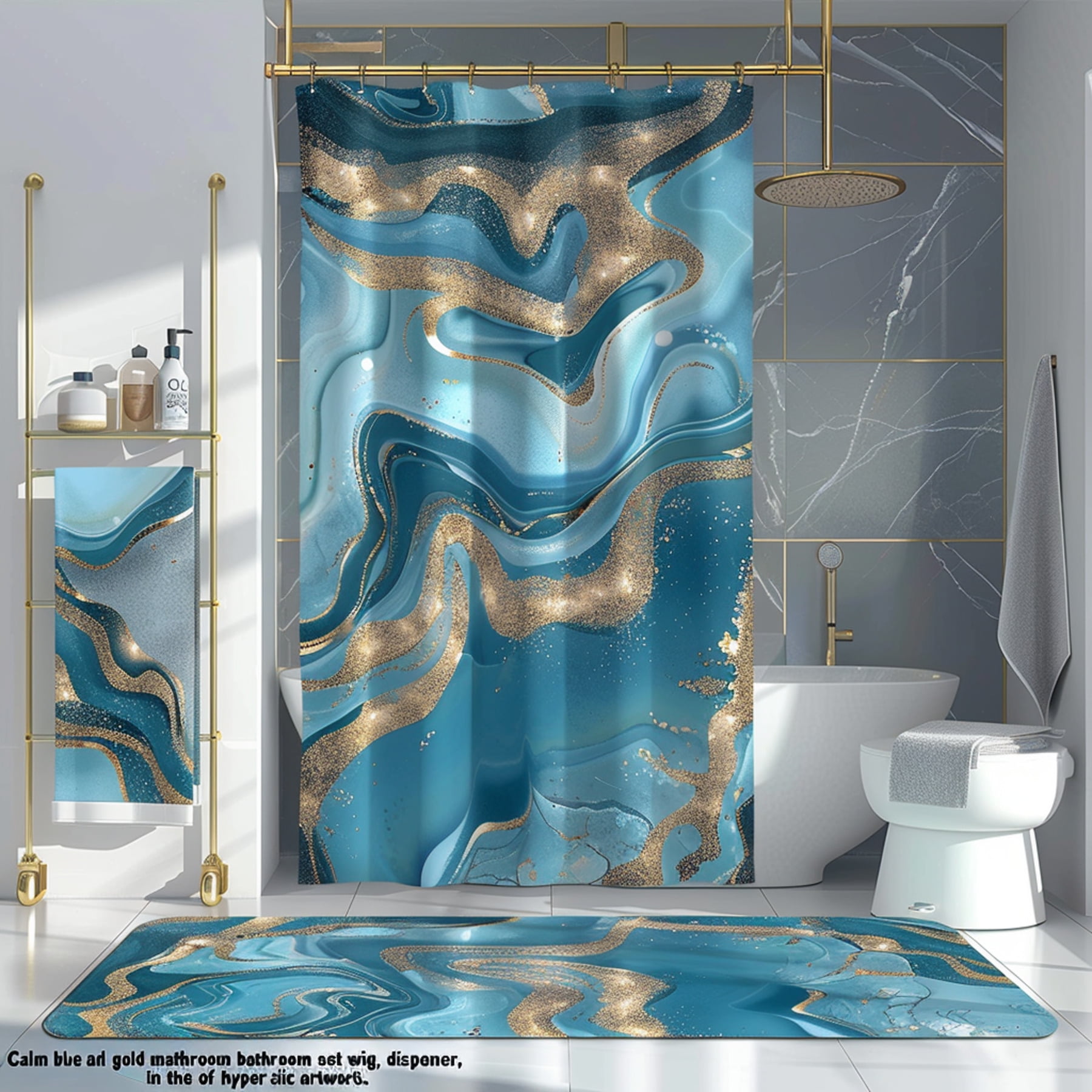 Blue and Gold Marble Print Shower Curtain Set Hyper Realistic Artwork ...