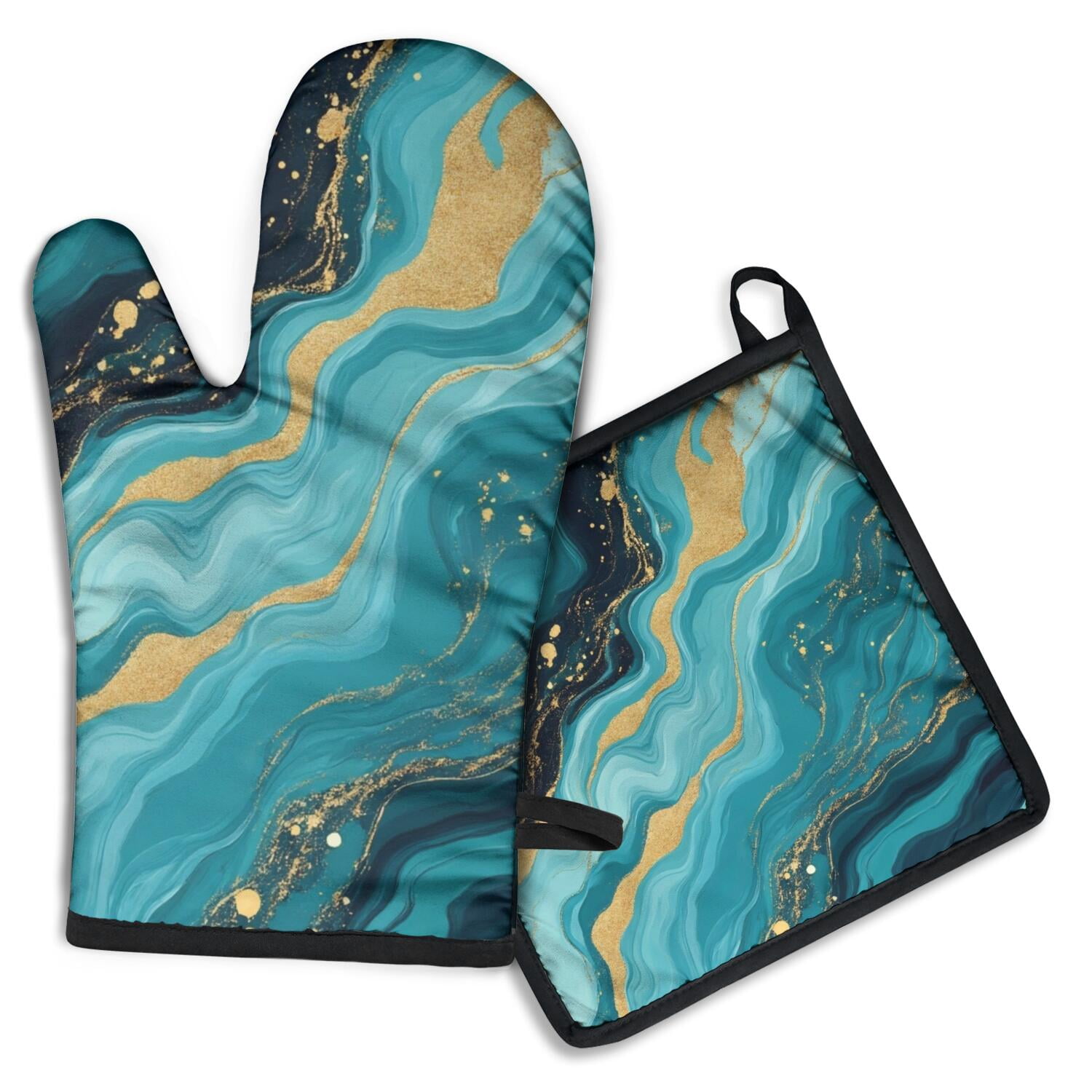 Blue and Gold Marble Sparkle Waves Pattern Kitchen Oven Mitt and Pot ...