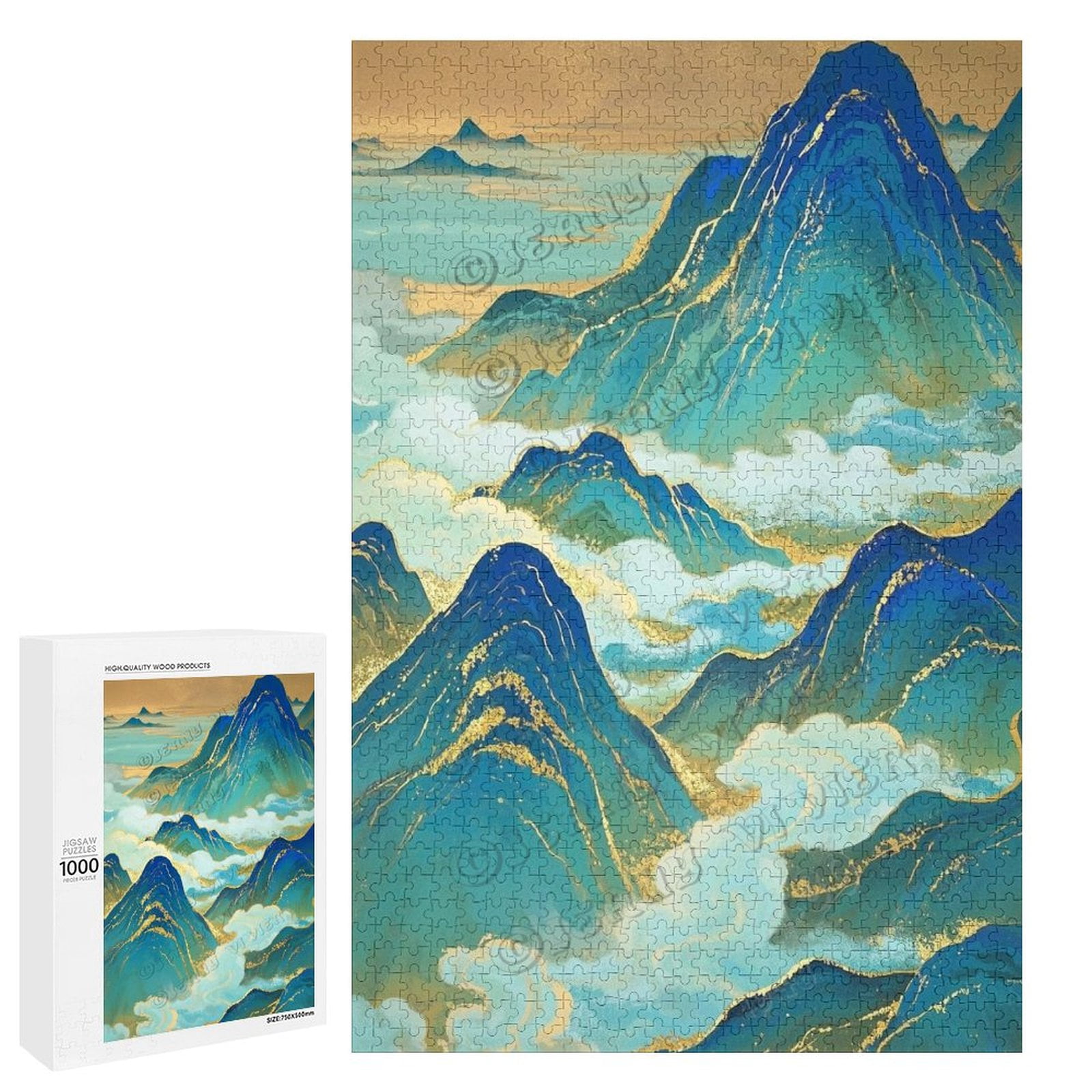Blue and Gold Mountain Decor - 1000 Piece Wooden Puzzle for Adults ...