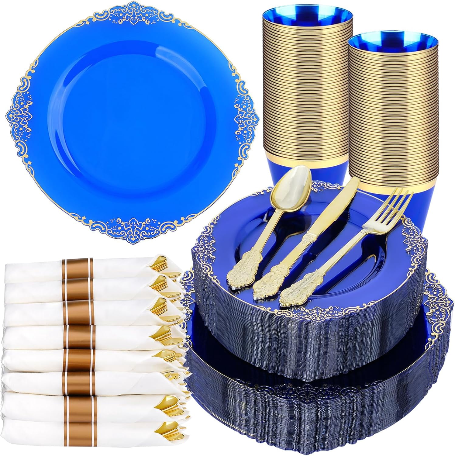 Blue and Gold Plastic Plates, Disposable Dinnerware Set for 50 Guests ...
