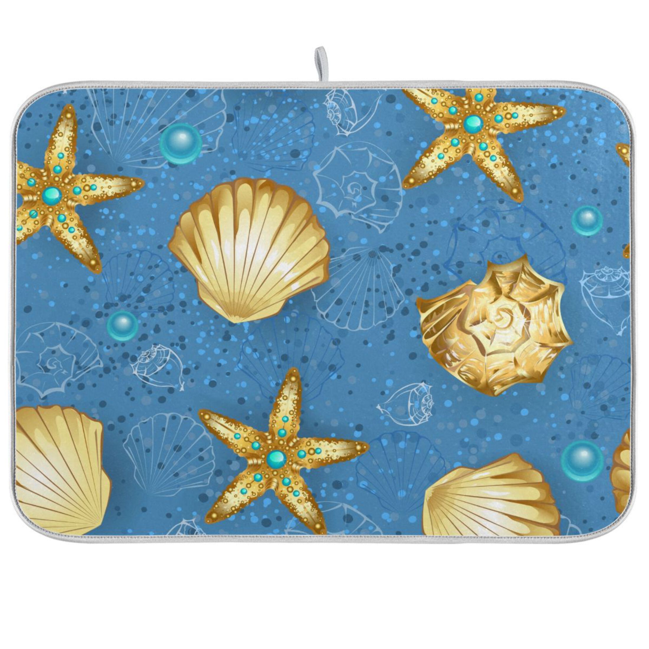 Blue and Gold Seashells Starfish Dish Drying Mat Microfiber Kitchen ...