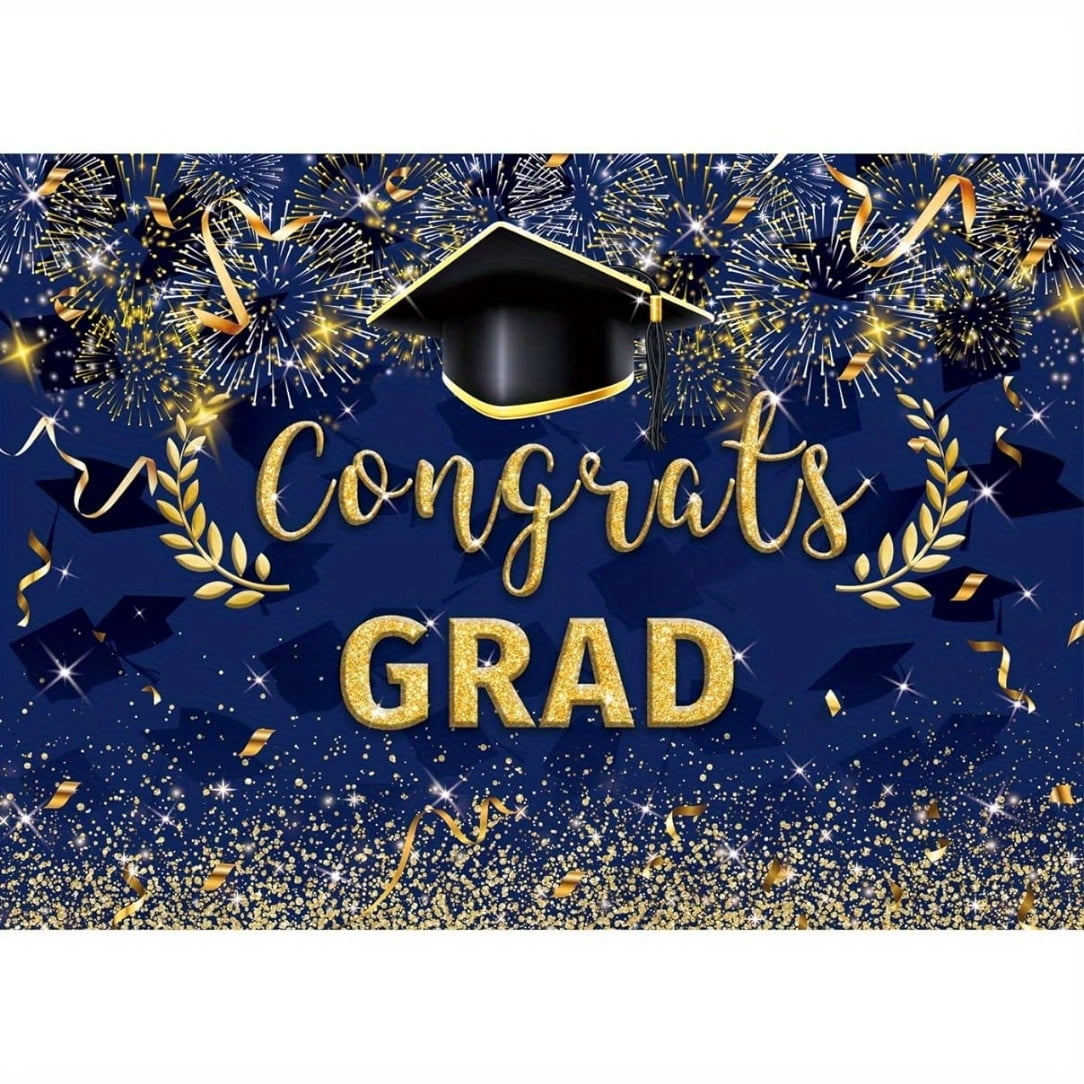 Blue and Golden Graduation Backdrop, "Congrats GRAD" Banner, Polyester, Class Party Decor ...