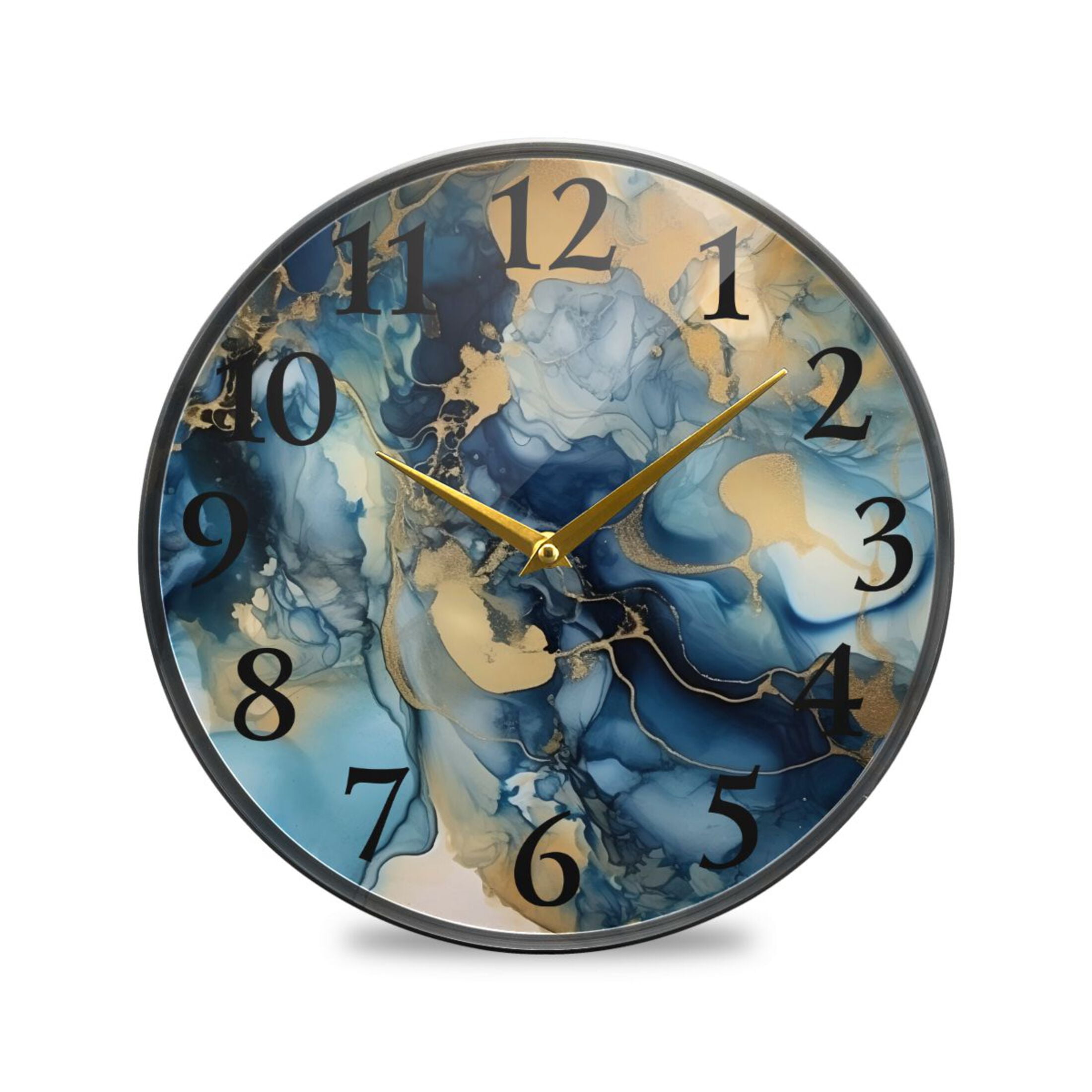 Blue and Golden Marble Wall Clocks Battery Operated 9.5 Inch Round ...