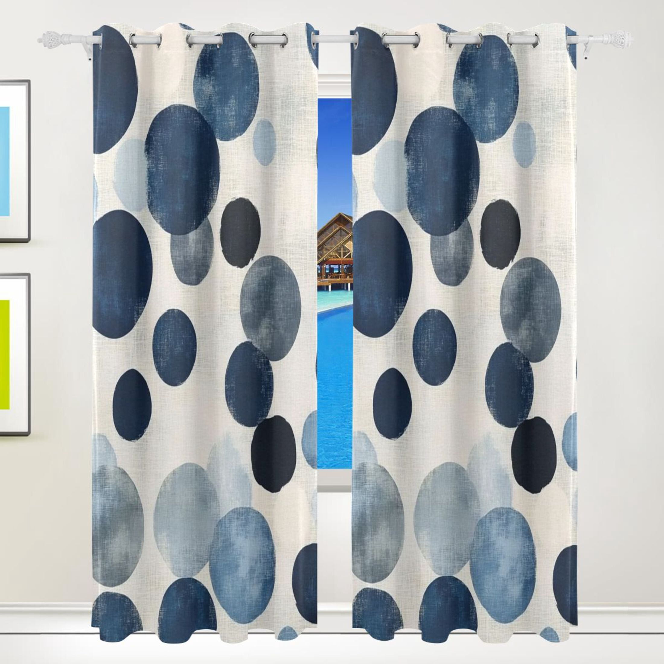 Blue and Gray Circle Blackout Curtains for Living Room Bedroom 55W x 72 ...