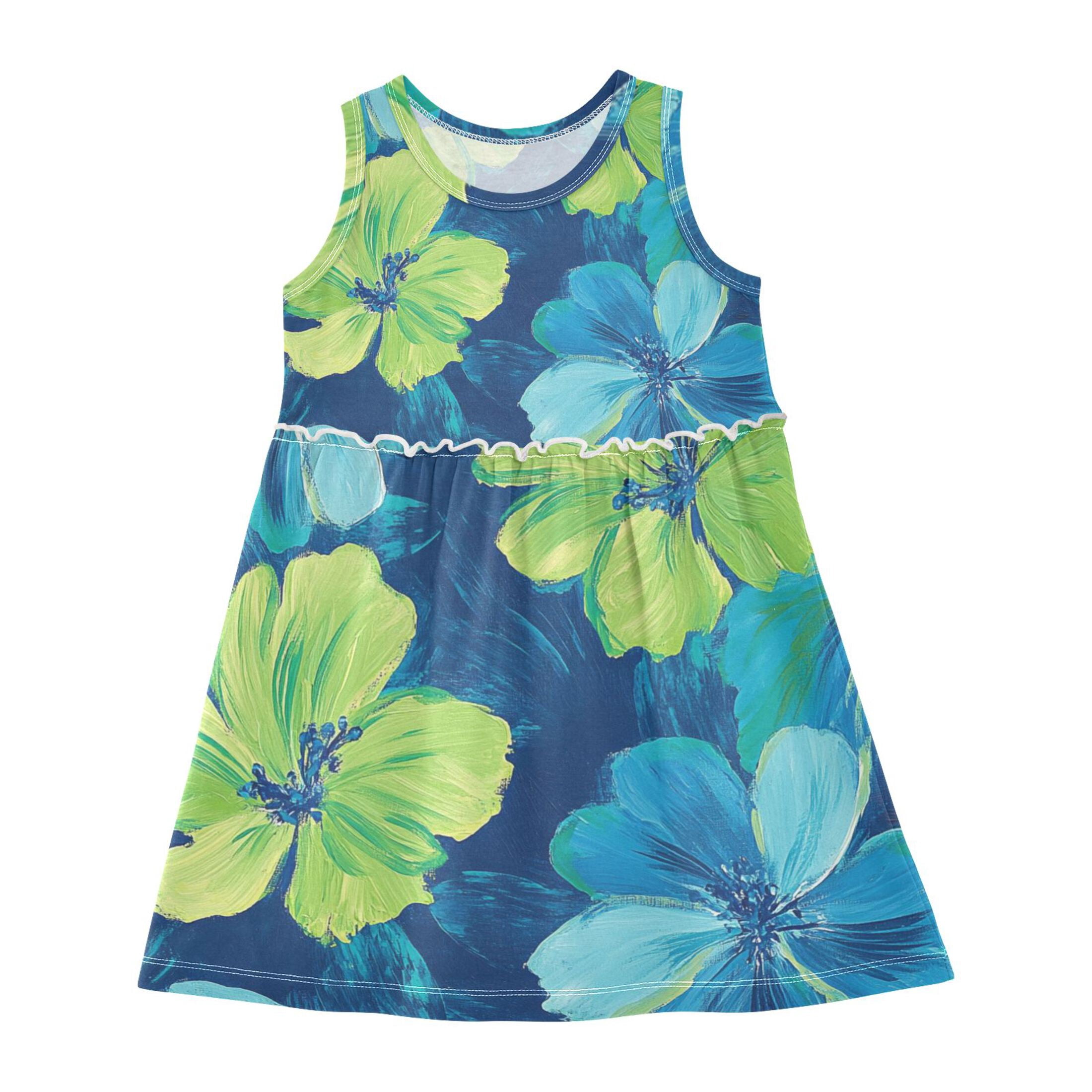 Blue and Green Flowers Oil Painting Sleeveless Dress A-Line One-Piece ...