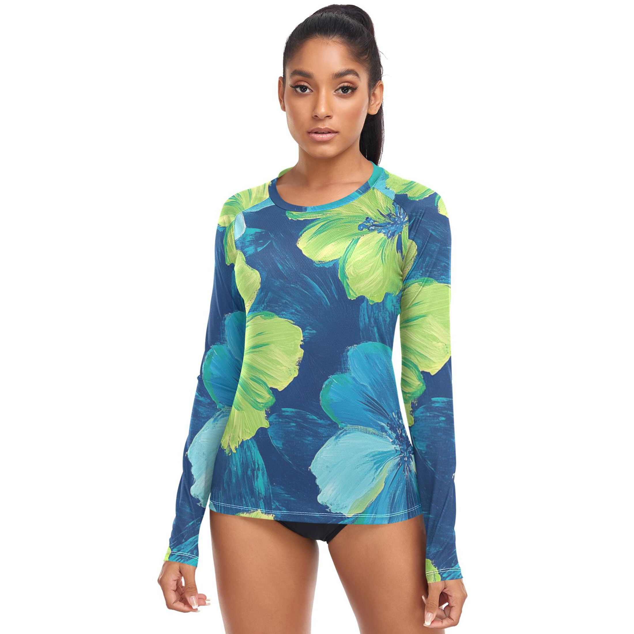 Blue and Green Flowers Oil Painting Women's Rash Guard Shirts UPF 50 ...