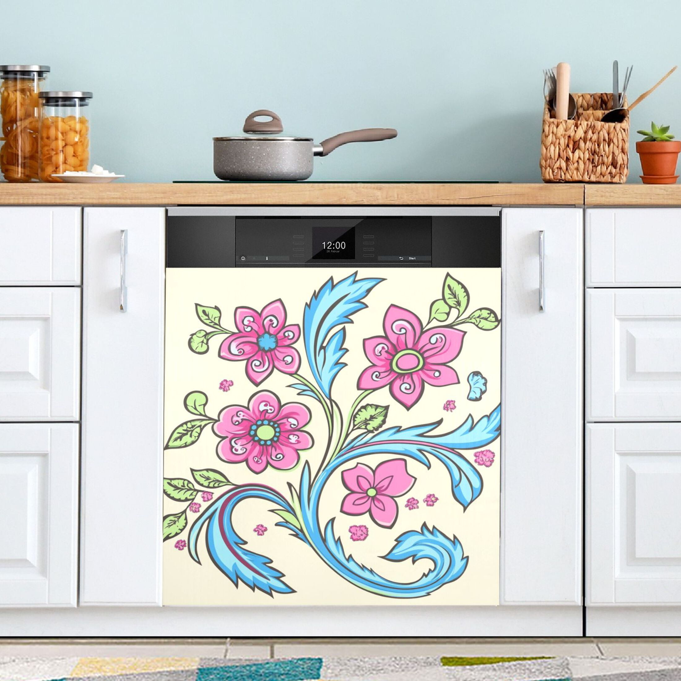 Blue and Green Leaves Flowers Dishwasher Magnet Refrigerator Magnetic ...