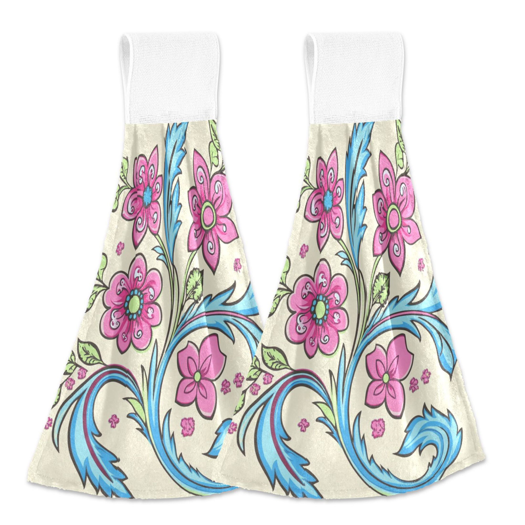 Blue and Green Leaves Flowers Hanging Towels with Loop Hand Towels ...