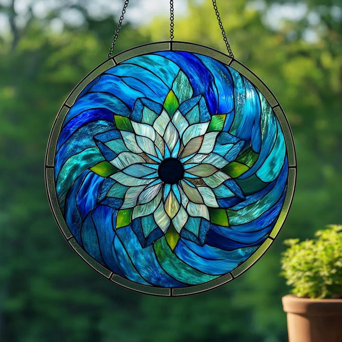 Blue and Green Leaves Mandala Glass Suncatcher, Geometric Boho ...