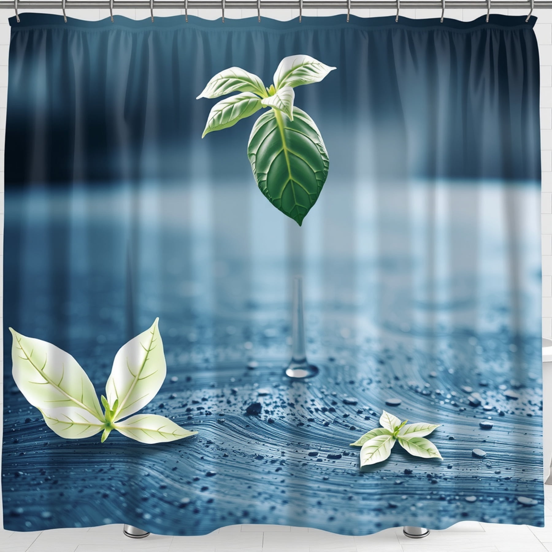 Blue and Green Water Droplets & Leaves Shower Curtain - Calming Nature ...