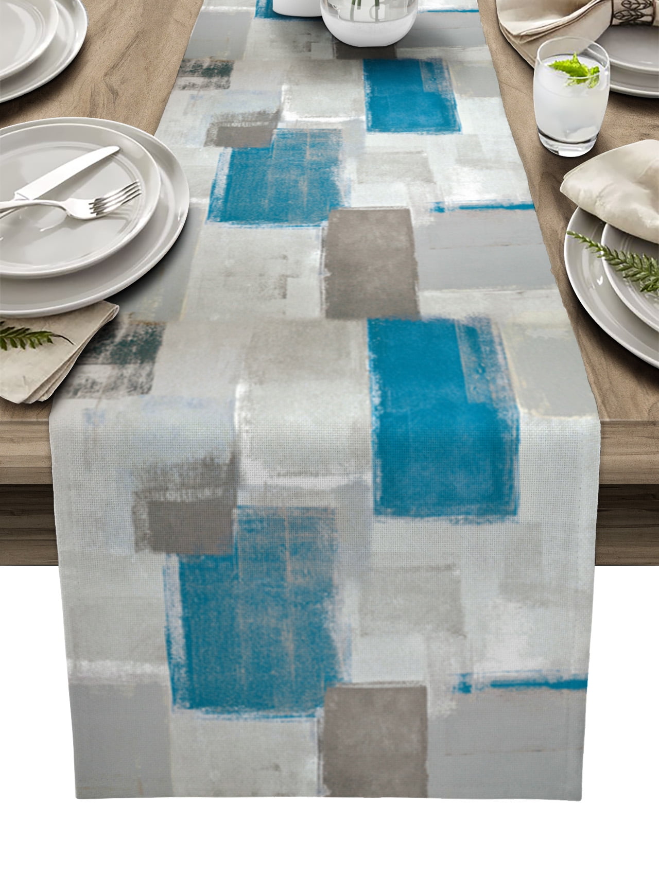 Blue and Grey Abstract Texture Linen Table Runners Home Wedding Table ...