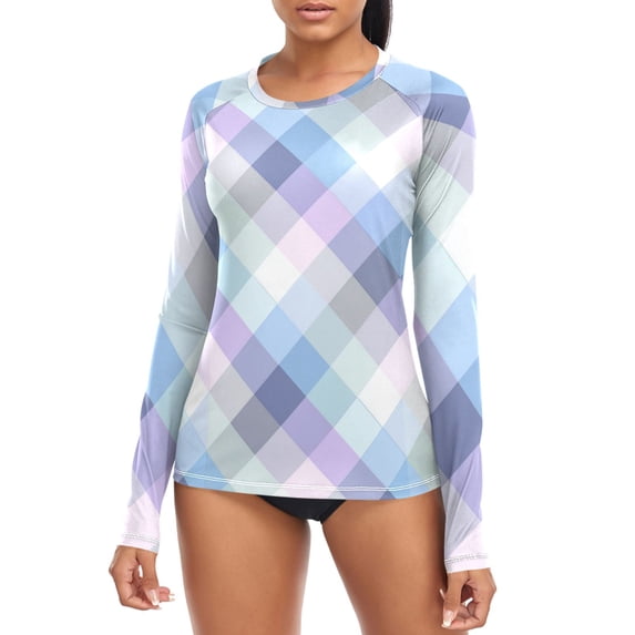 Blue and Lavender Pastel Plaid Pattern Seamless Women's Rash Guard ...