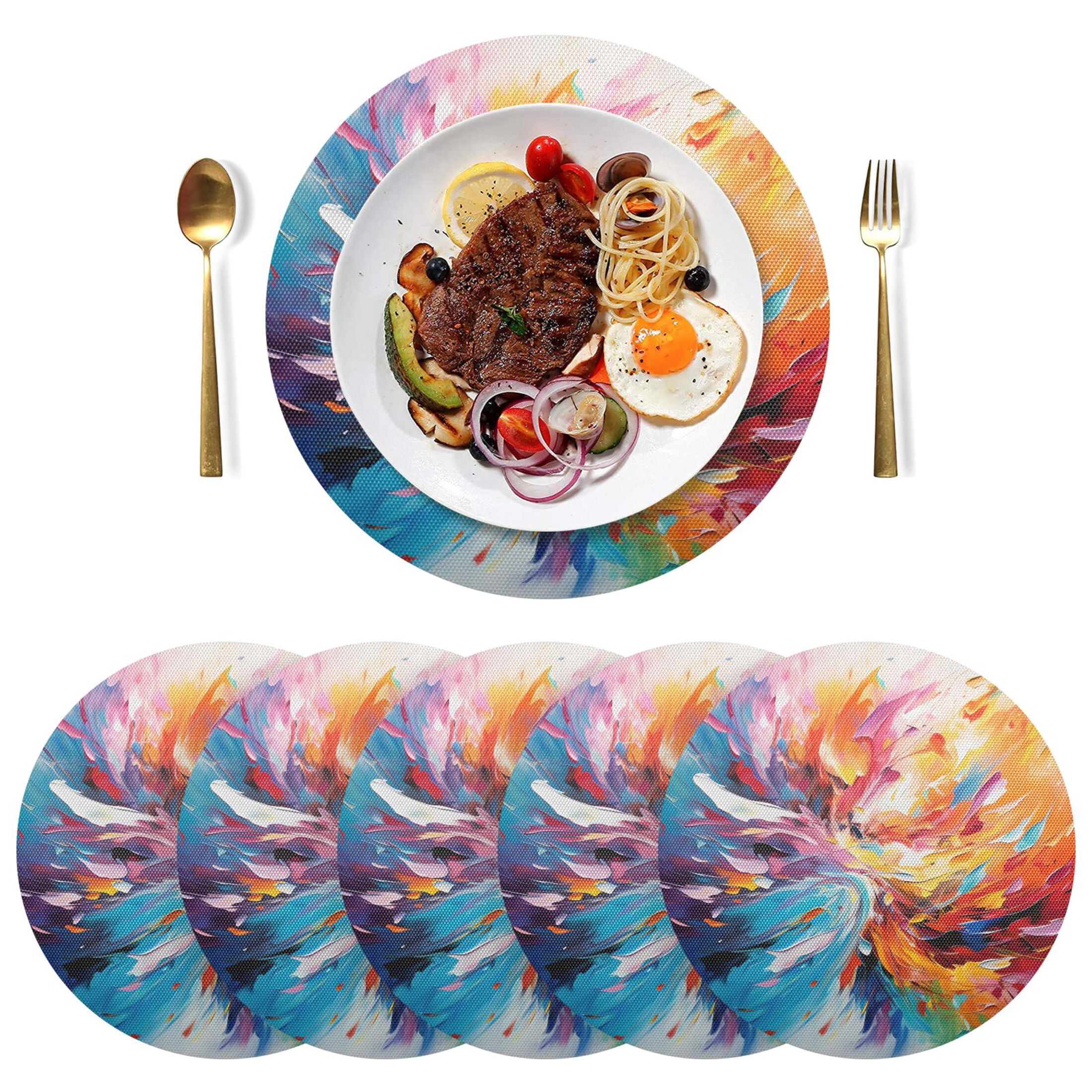 Blue and Orange Abstract Round Plate Mats Non-Slip Place Mat Washable ...