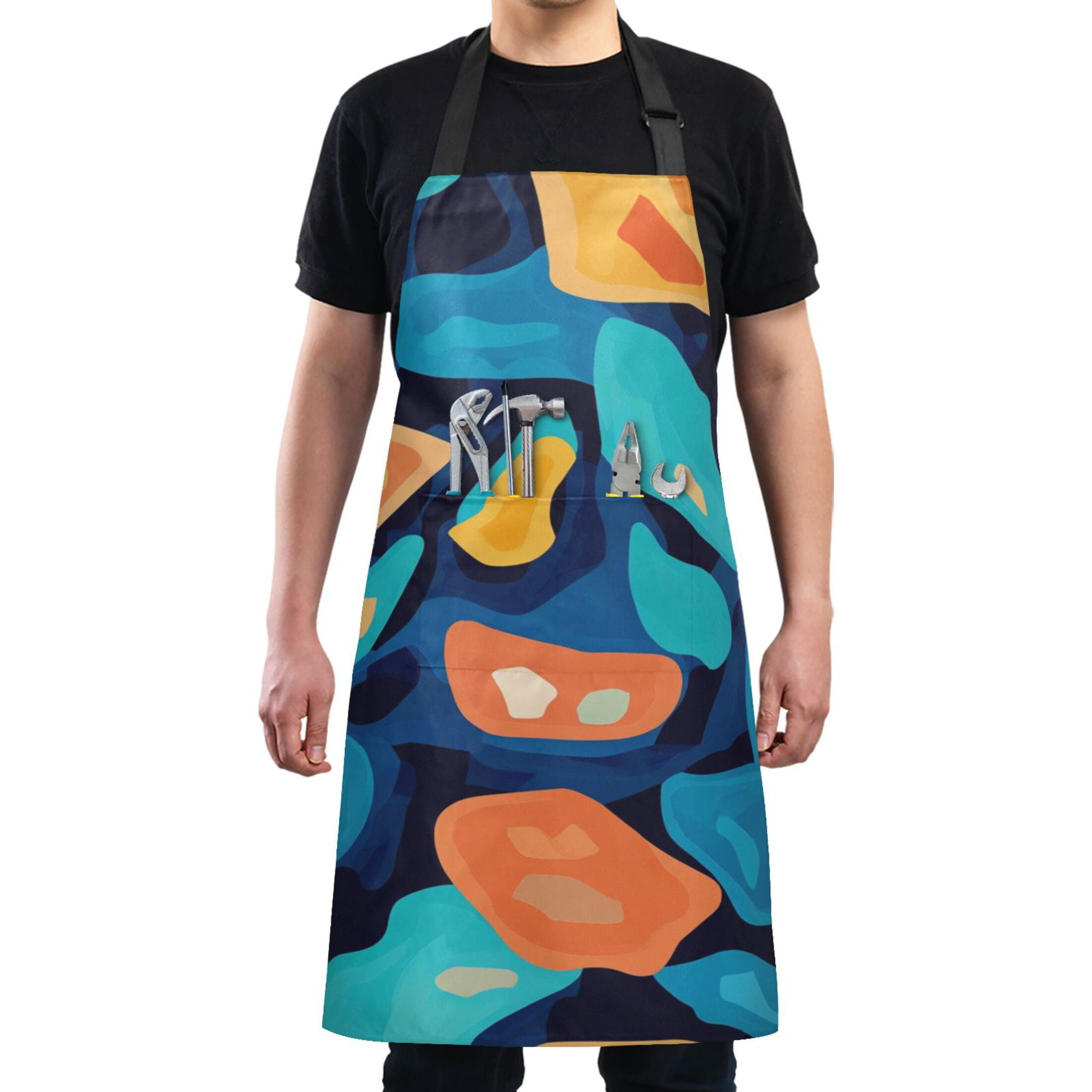Blue and Orange Abstract Shape Chef Kitchen Apron with Pockets for ...
