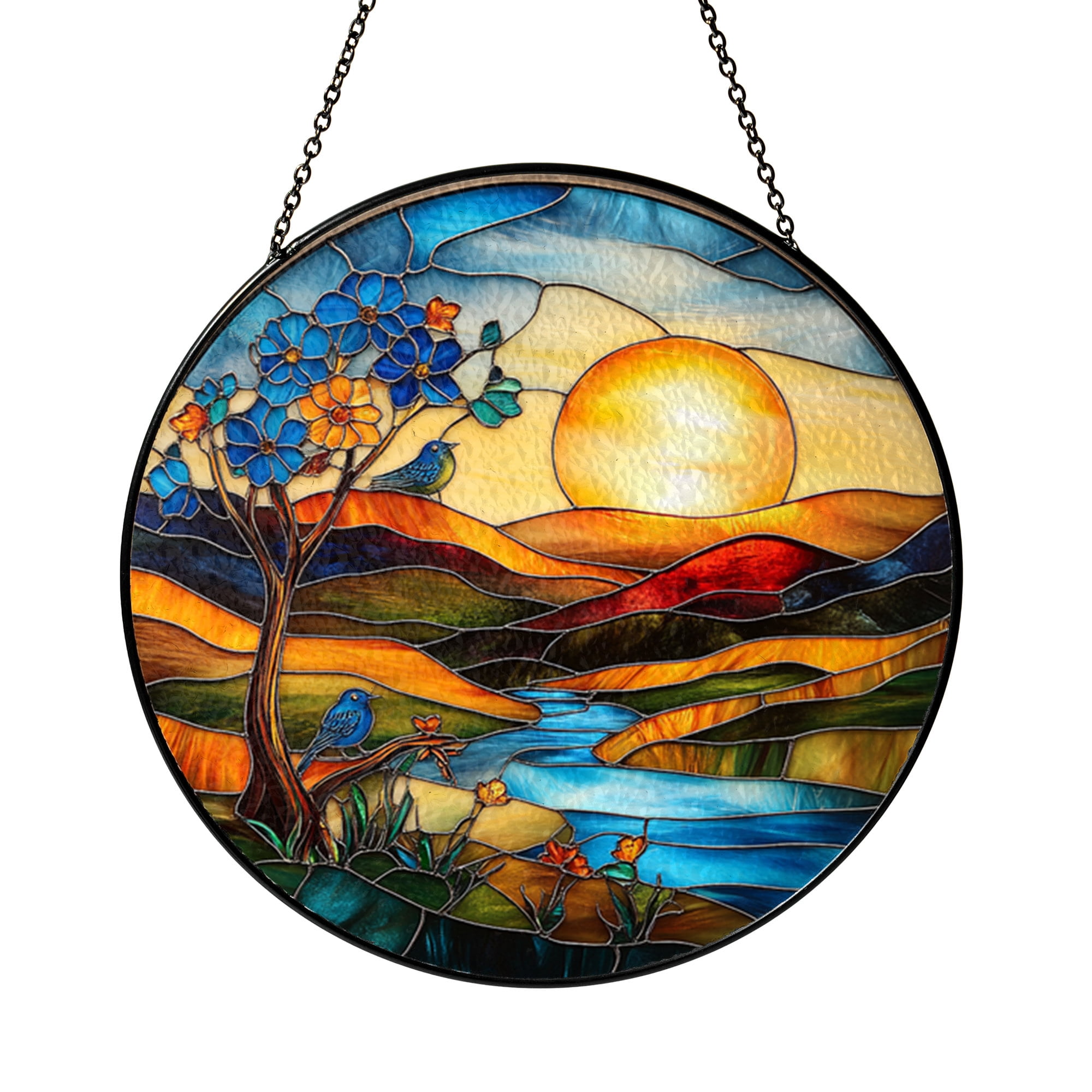 Blue and Orange Bird Sunset Window Hanging – Decorative Glass Art ...