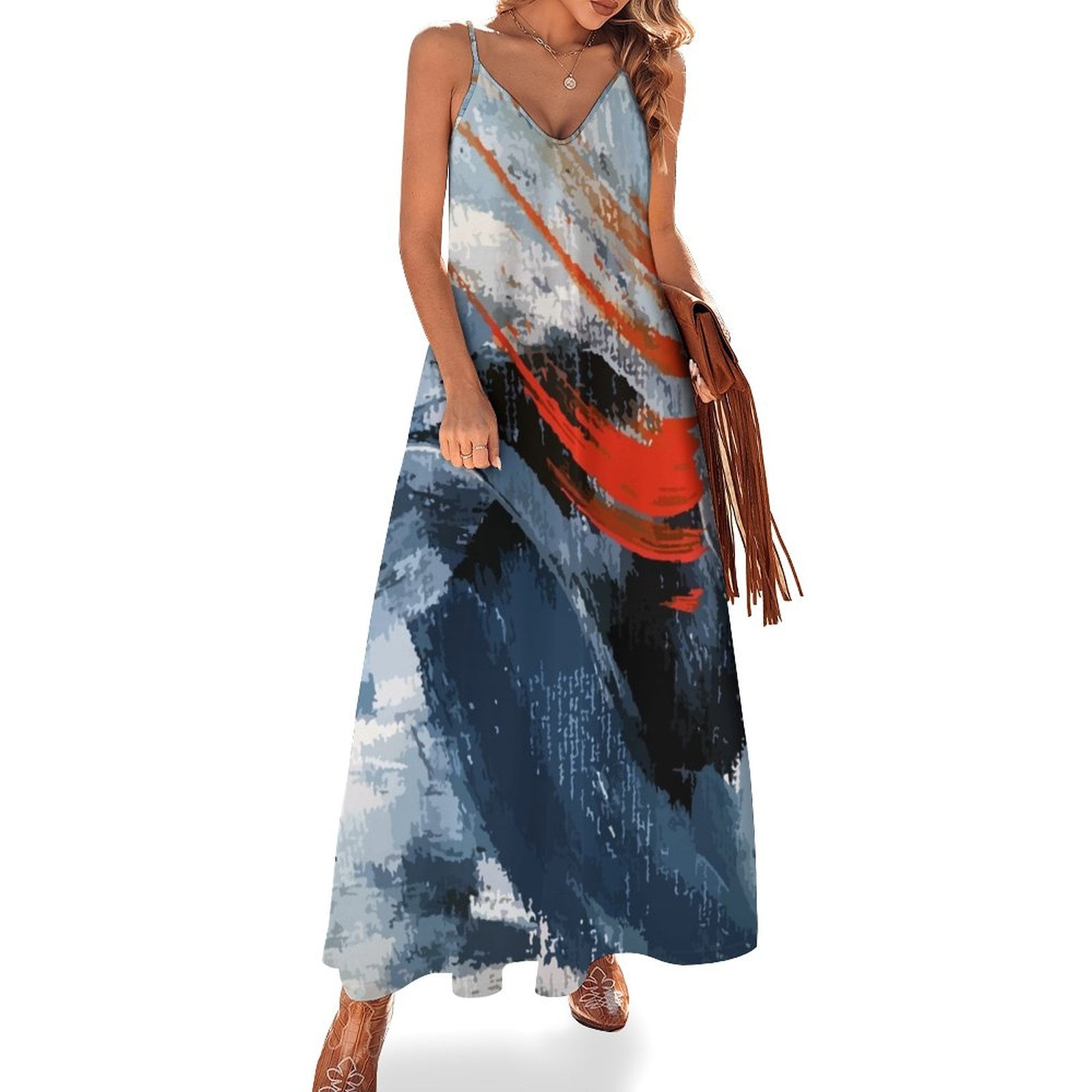 Blue and Orange Brushstroke Abstract Painting Sleeveless Dress Long ...